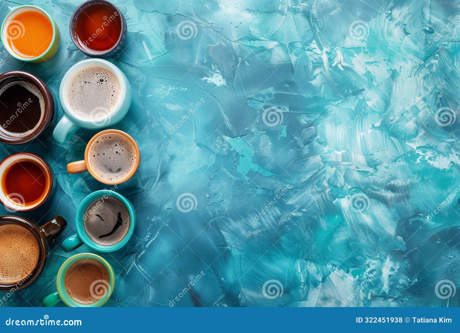 Set of Cups with Different Types of Coffee on Blue Background Top View ...