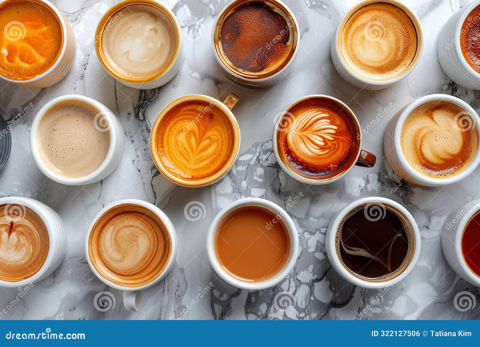 Set of Cups with Different Types of Coffee on Marble Background Top ...