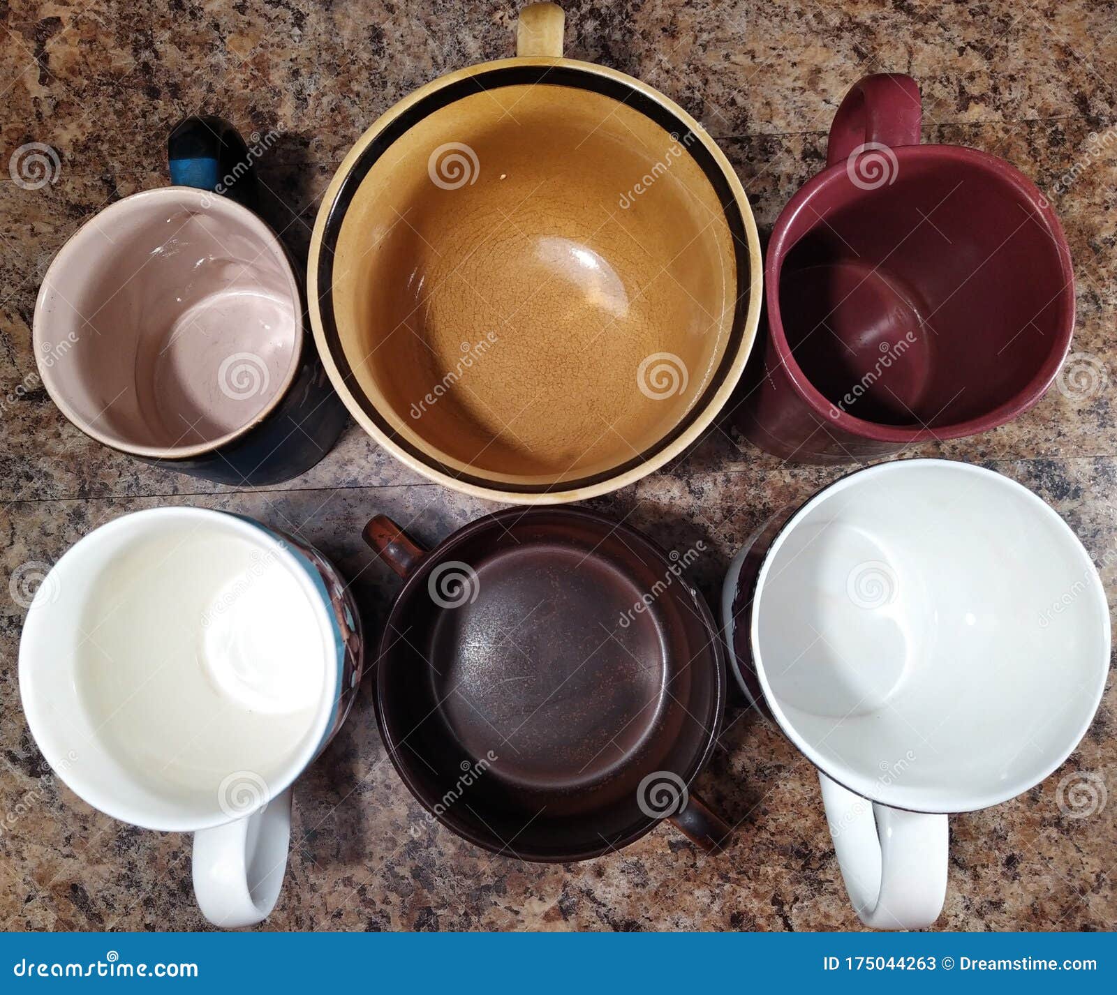 Set of Cups on Kitchen Table Background Stock Image - Image of table ...