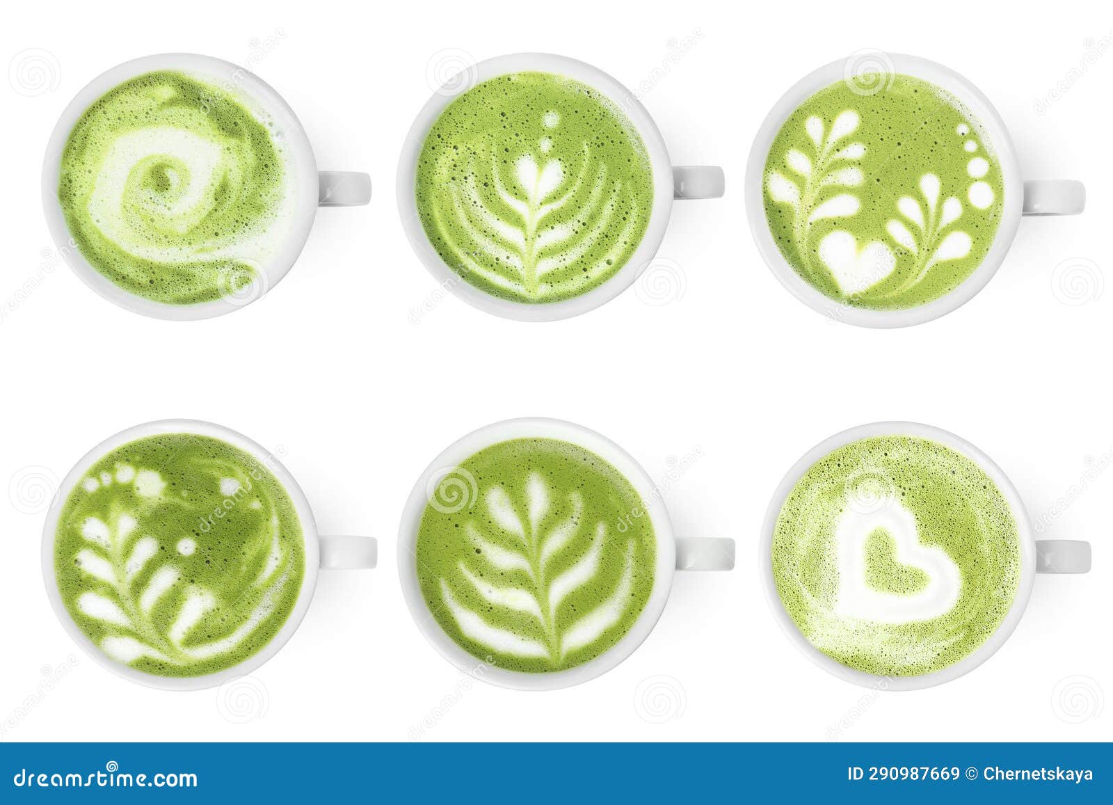 Set with Cups of Matcha Latte Isolated on White, Top View Stock Image ...