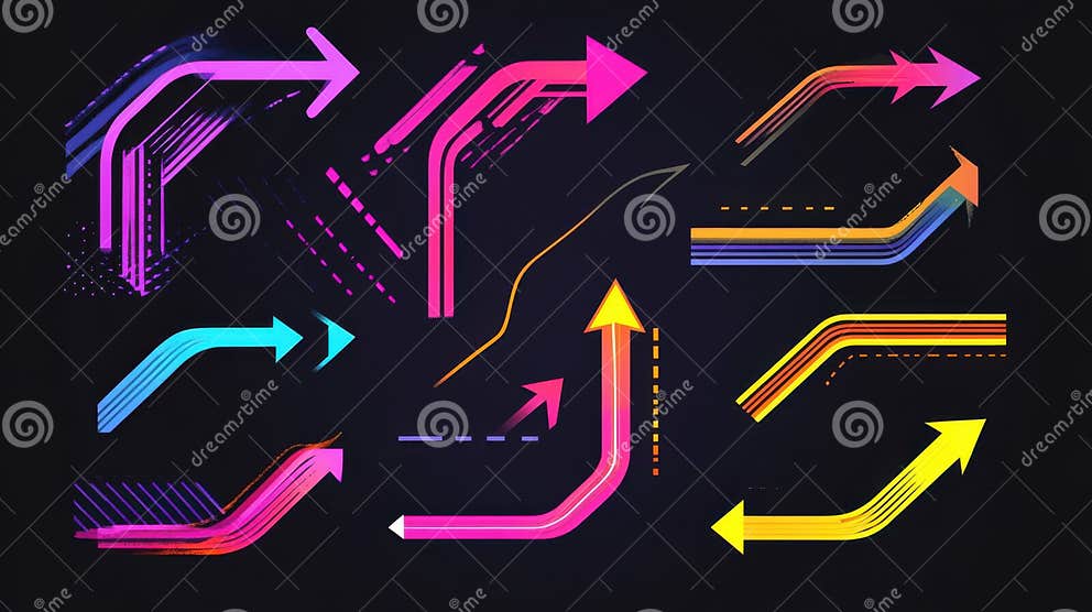 Set of Curved Multi-colored Arrows on a Black Background. Stock ...
