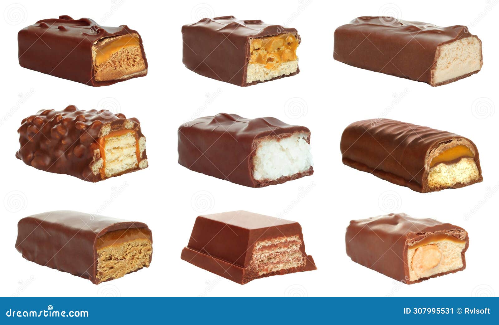 Set of Cut Chocolate Bar with Stretching Caramel, Isolated on White ...