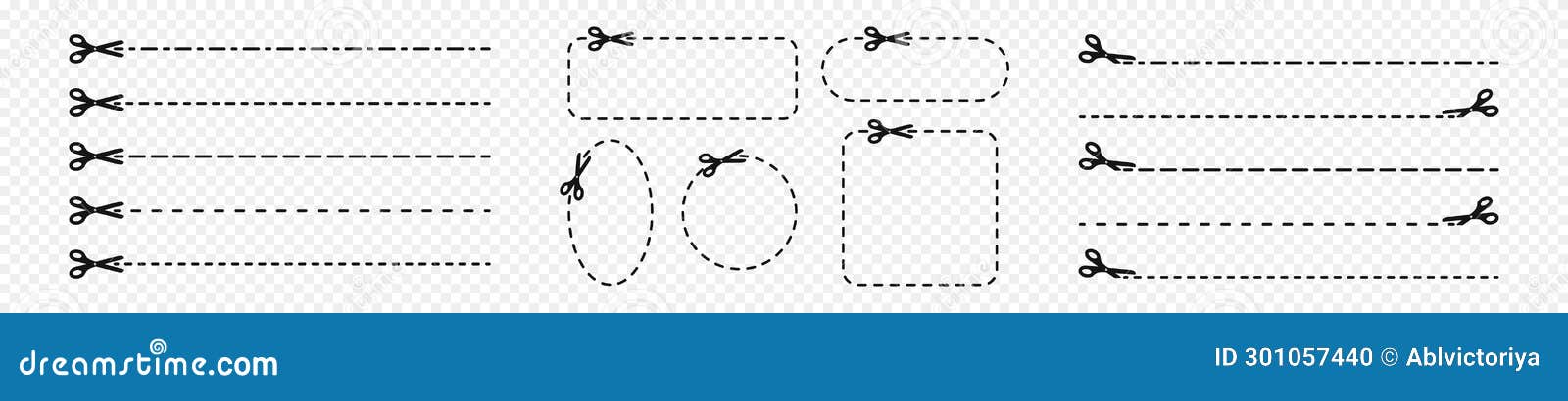 Set Of Cut Here Pictograms. Crop, Strip Or Separation Signs. Scissors ...