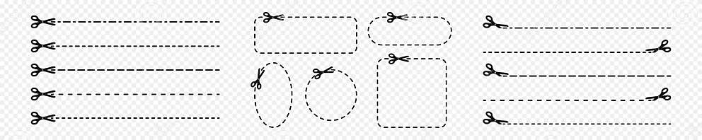 Set of Cut Here Icons. Scissors Pictograms with Dashed Lines and Square ...