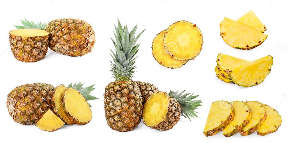 Set with Cut and Whole Pineapples Isolated on White Stock Image - Image ...