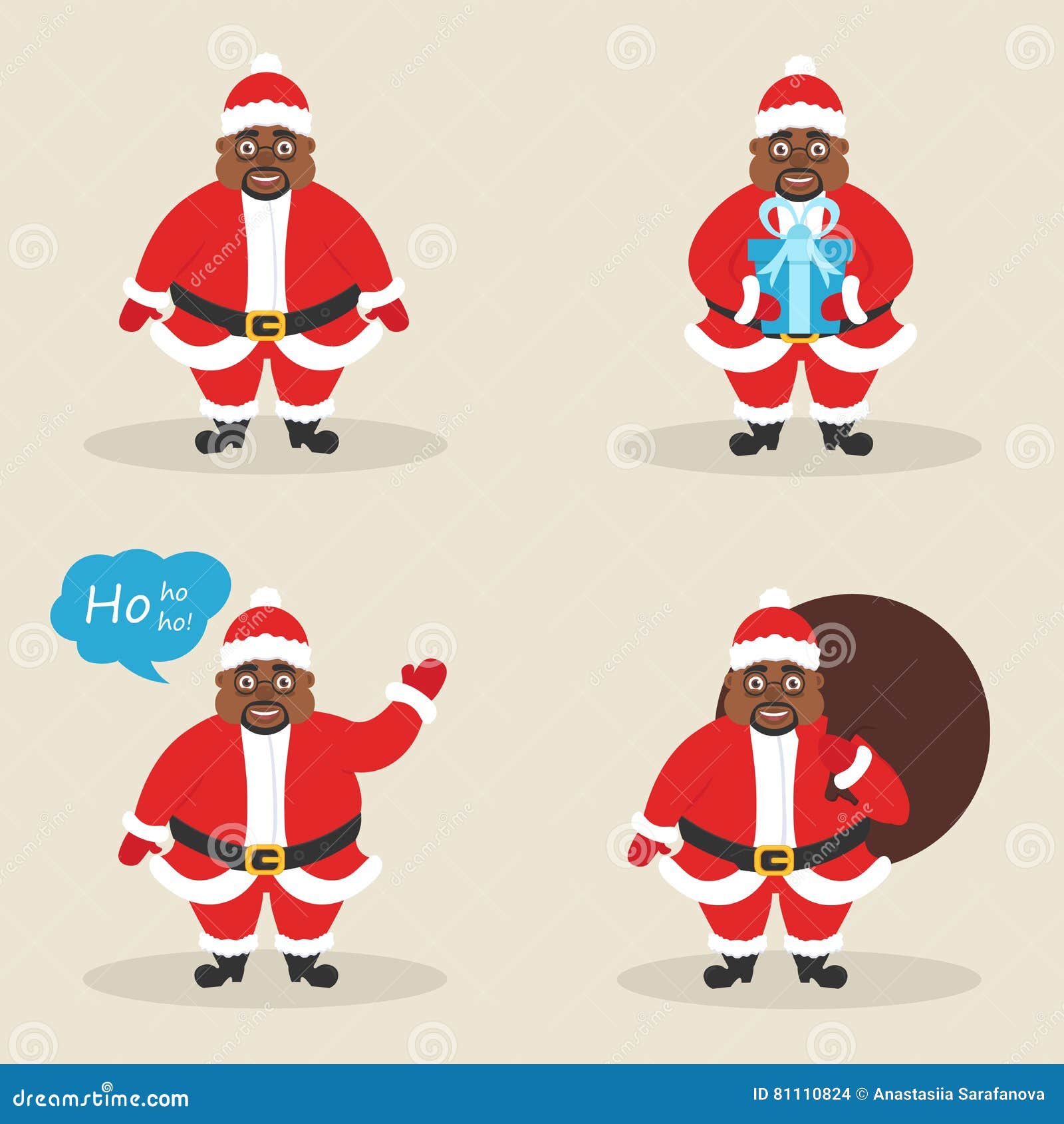 Set of Cute African Santa Clauses in Different Poses.Modern Flat Design ...