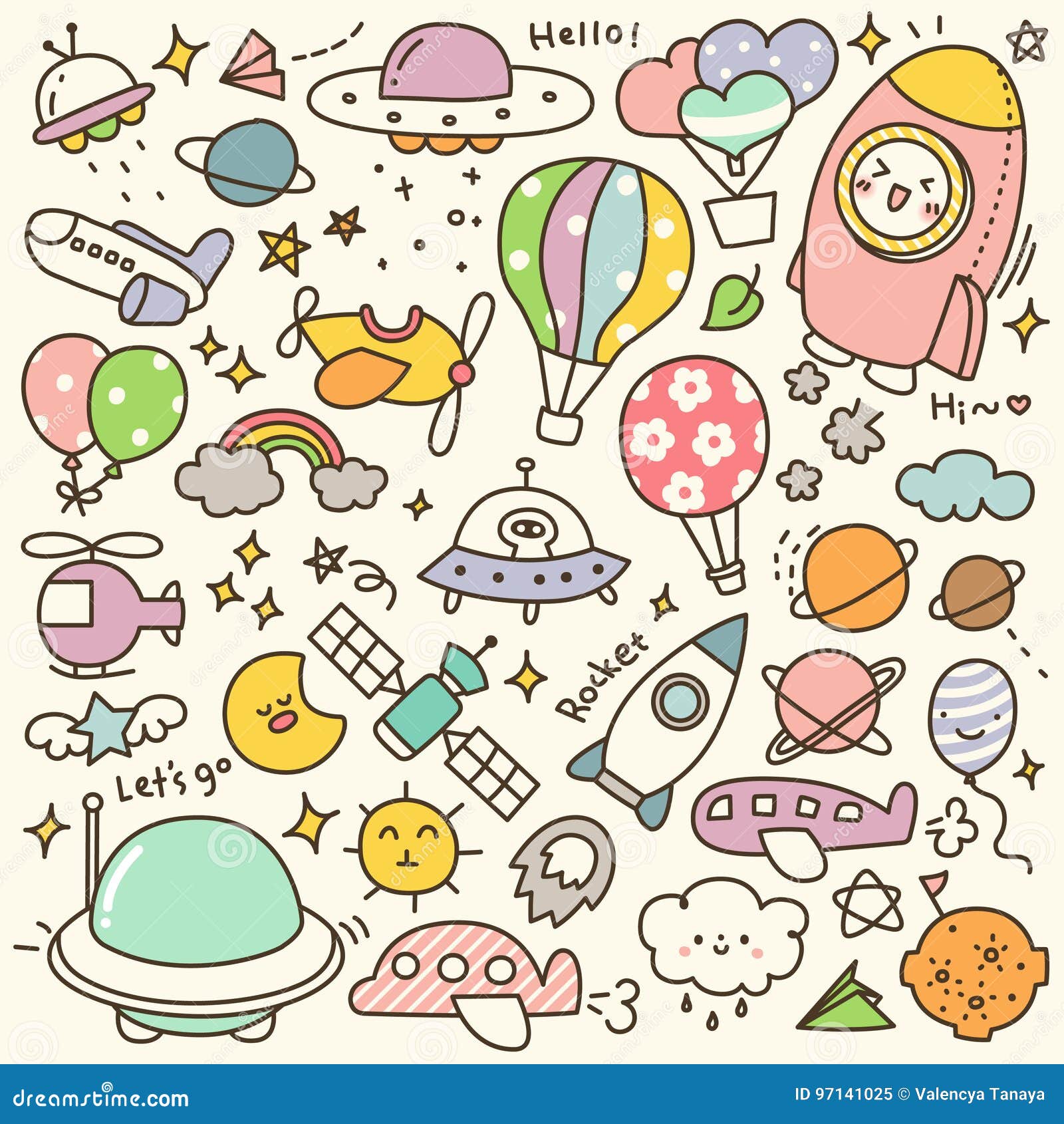 Set of Cute Air Transportation and Other Flying Objects Doodle Stock ...