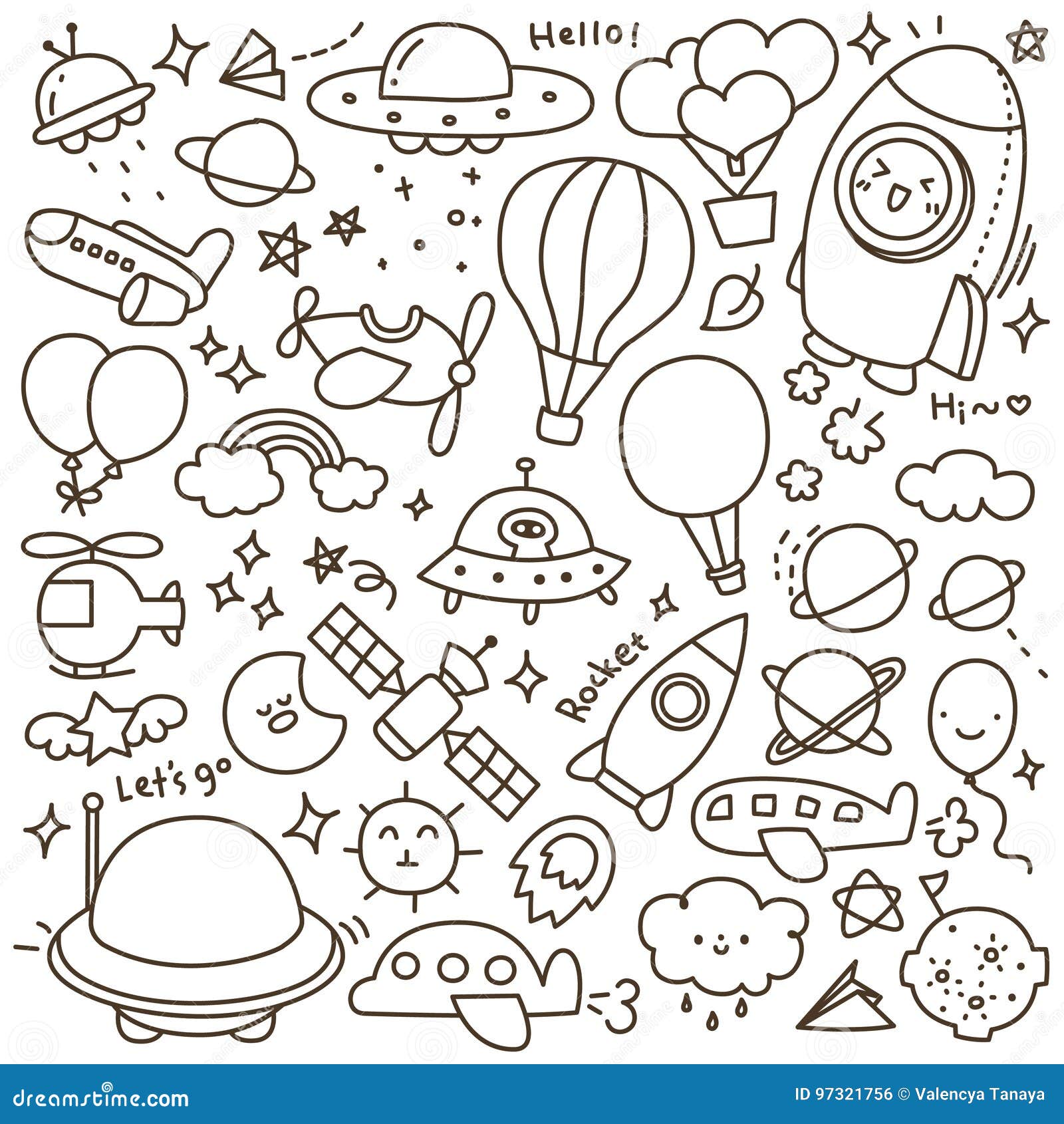 Set of Cute Air Transportation and Other Flying Objects Doodle Stock ...