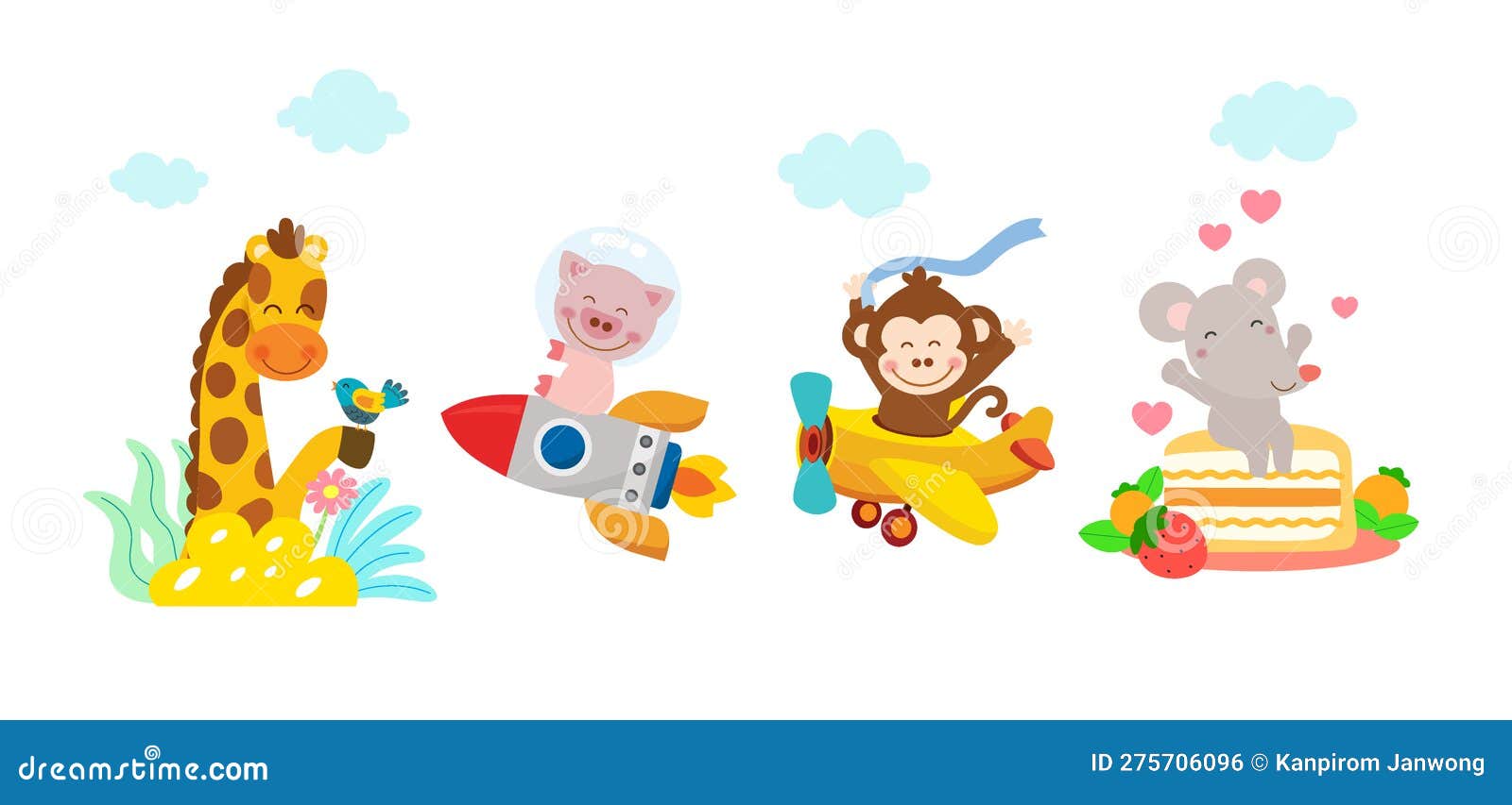 Set of Cute Animal Character with Giraffe, Pig, Mouse and Monkey ...
