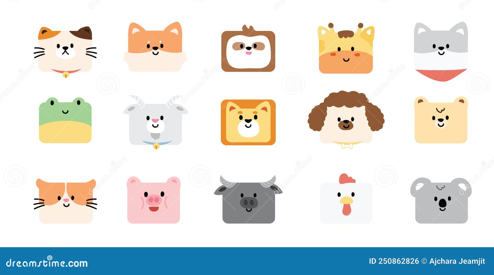 Set of Cute Animal Face in Rectangular Shape.Funny Cartoon Character ...