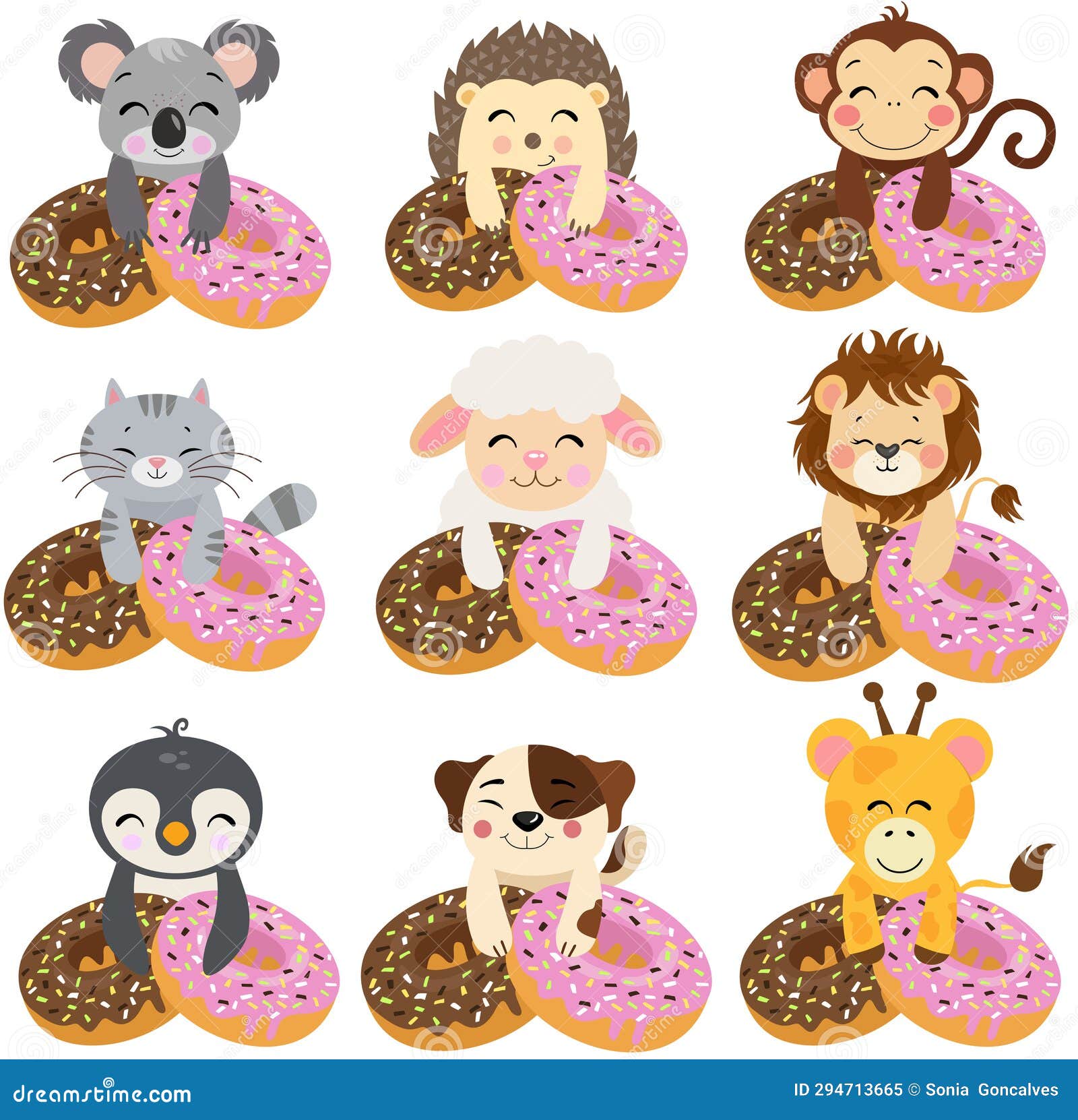 Set of Cute Animal with Strawberry and Chocolate Donuts Stock Vector ...