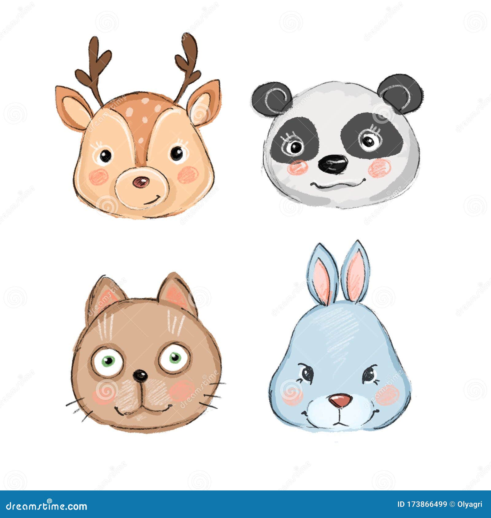 Set of Cute Animals: Deer, Panda, Cat, Rabbit Stock Illustration ...