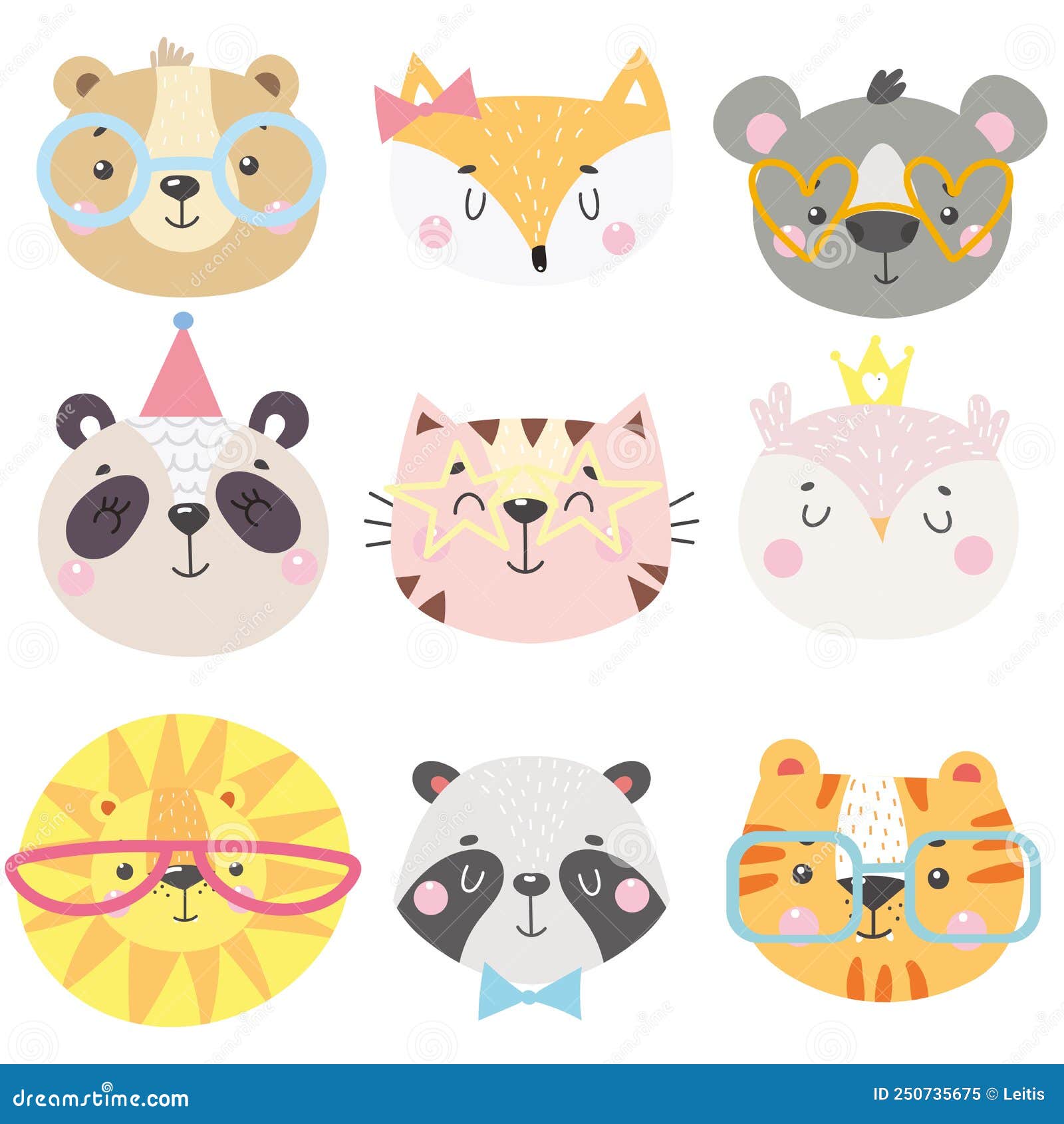 Animals Face Stickers. Cute Animal Faces, Kawaii Funny Emoji Sticker Or ...
