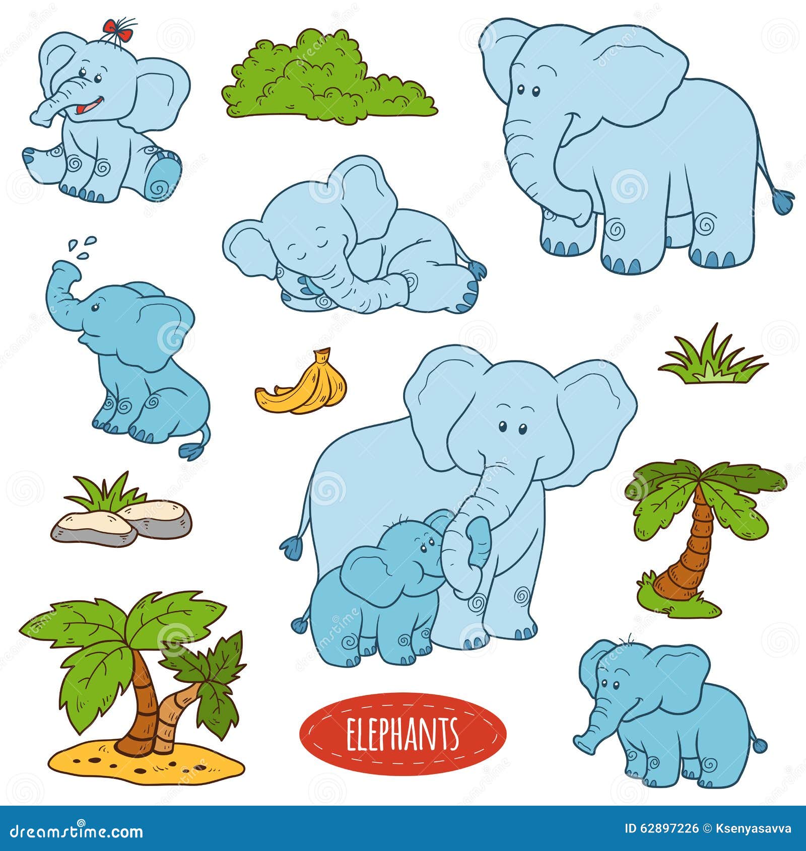 Set of Cute Animals and Objects, Vector Stickers, Family of Elephants ...