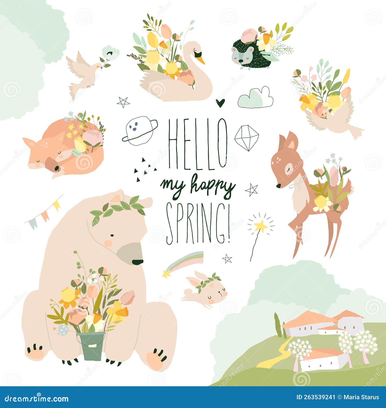 Set of Cute Animals with Spring Flowers Stock Vector - Illustration of ...