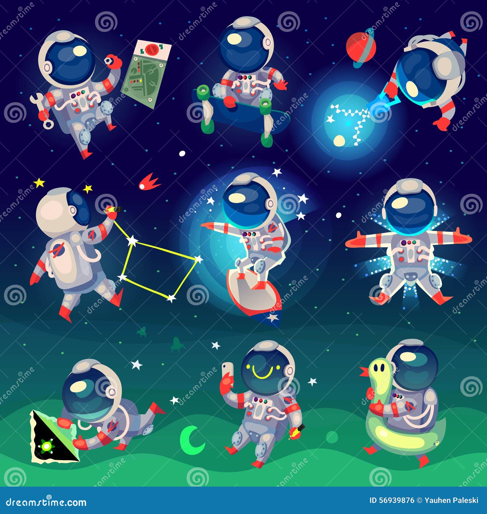 Set of Cute Astronauts in Space Stock Illustration - Illustration of ...