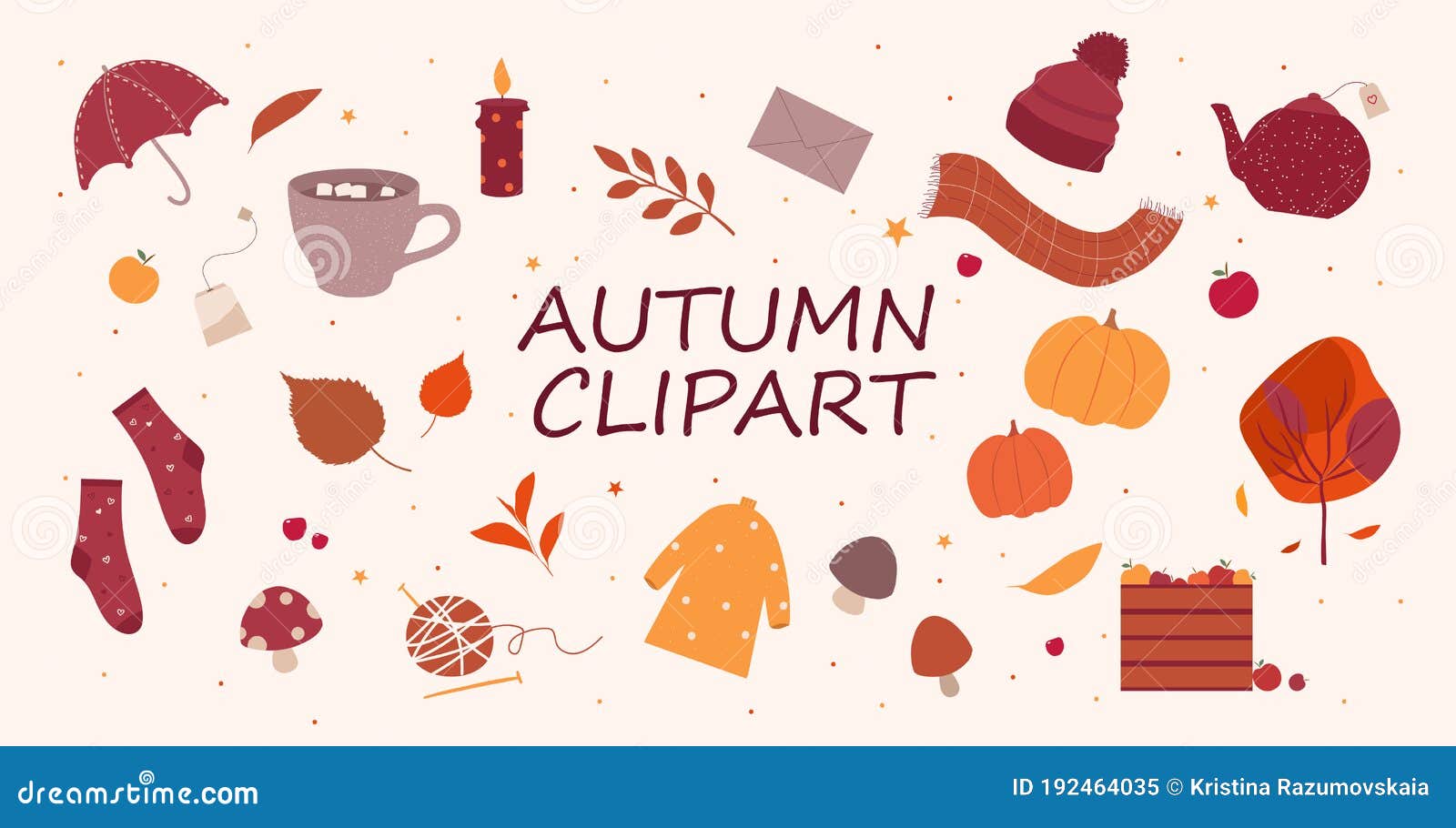 Set of Cute Autumn Objects in Warm Colors, Fall Season Icons Collection ...