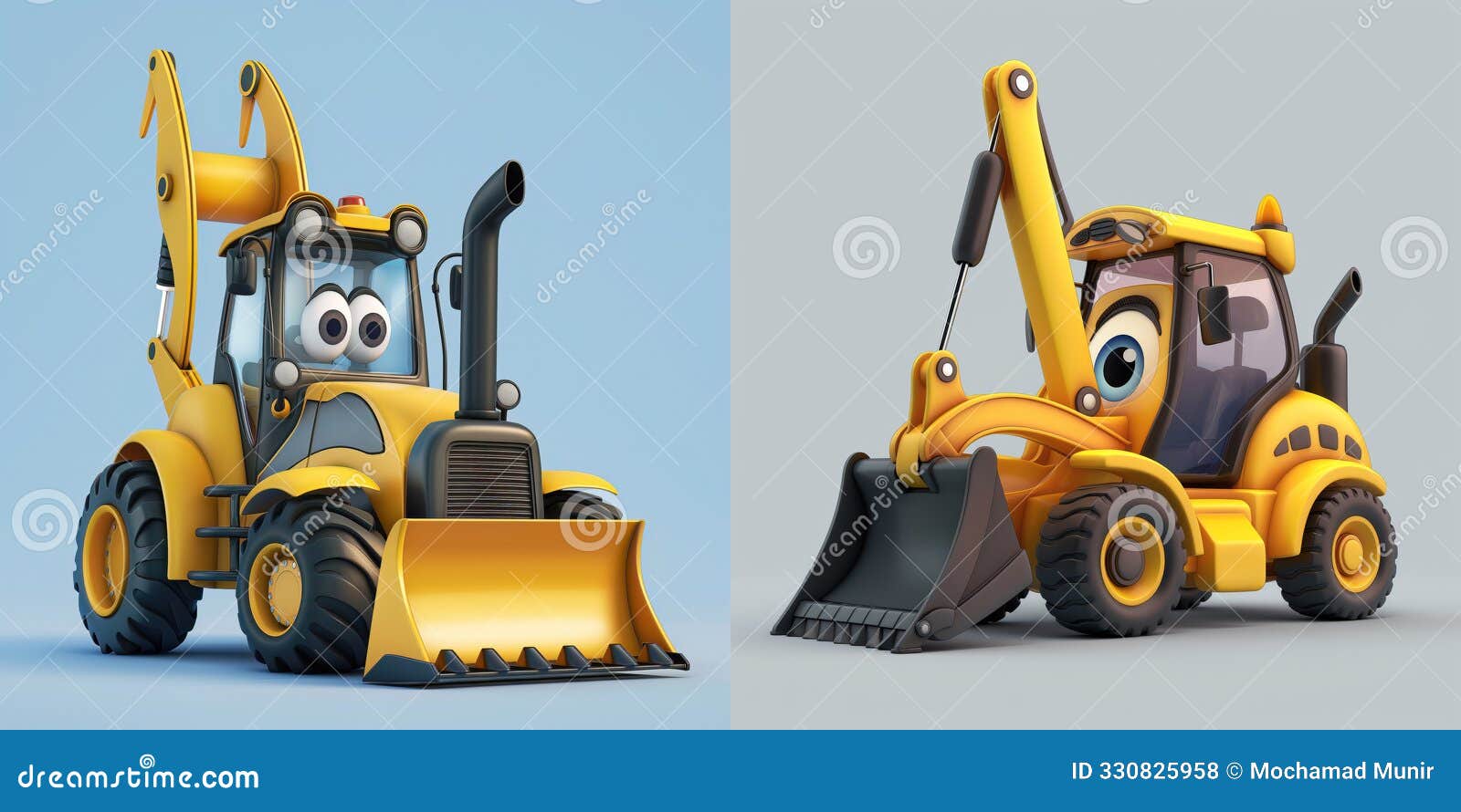 Set of Cute Backhoe. 3D Cartoon Animation Style Stock Illustration ...
