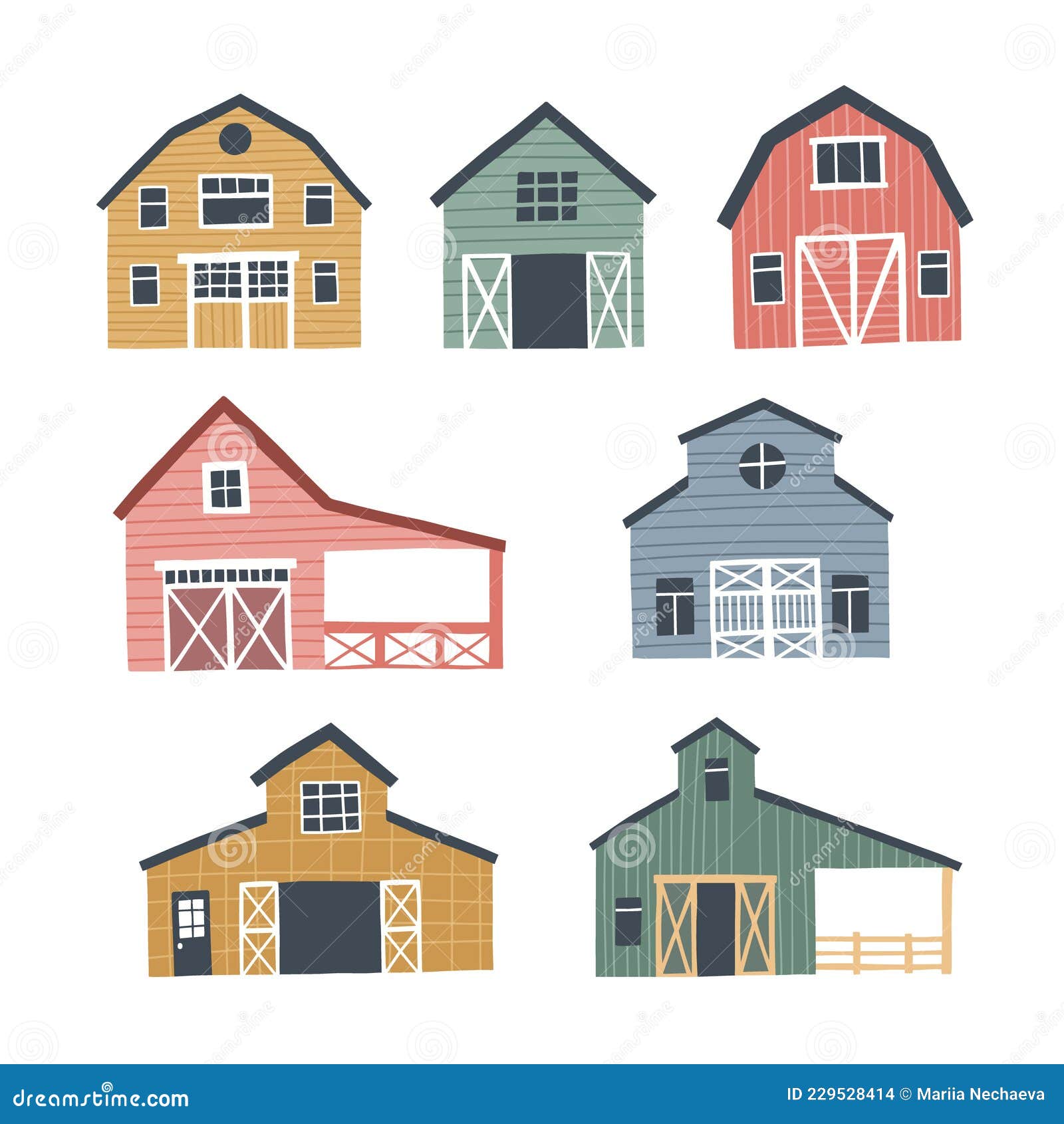 Set of Cute Barns. HAnd Drawn Vector Illustration for Map or Farm Stock ...