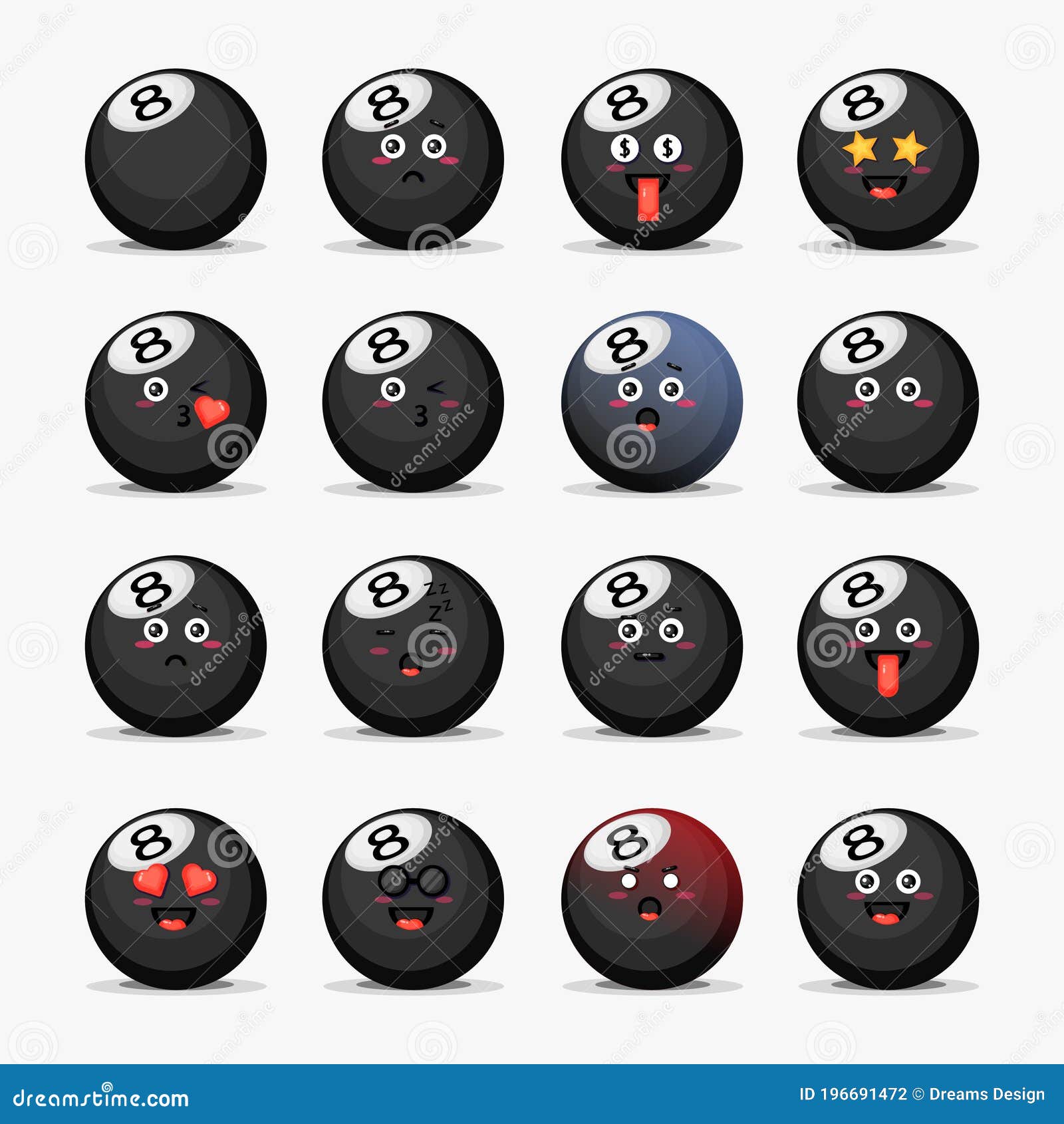 Set of Cute Billiard Ball with Emoticons Stock Vector - Illustration of ...