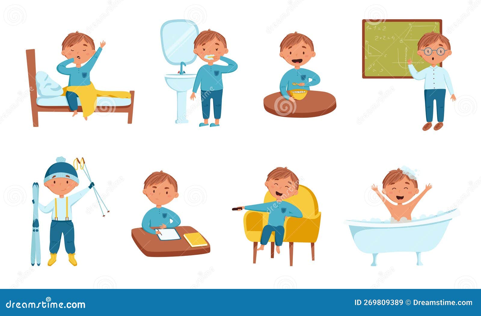 Set of daily Cute Blond Boy Vector Illustration. daily Routine ...