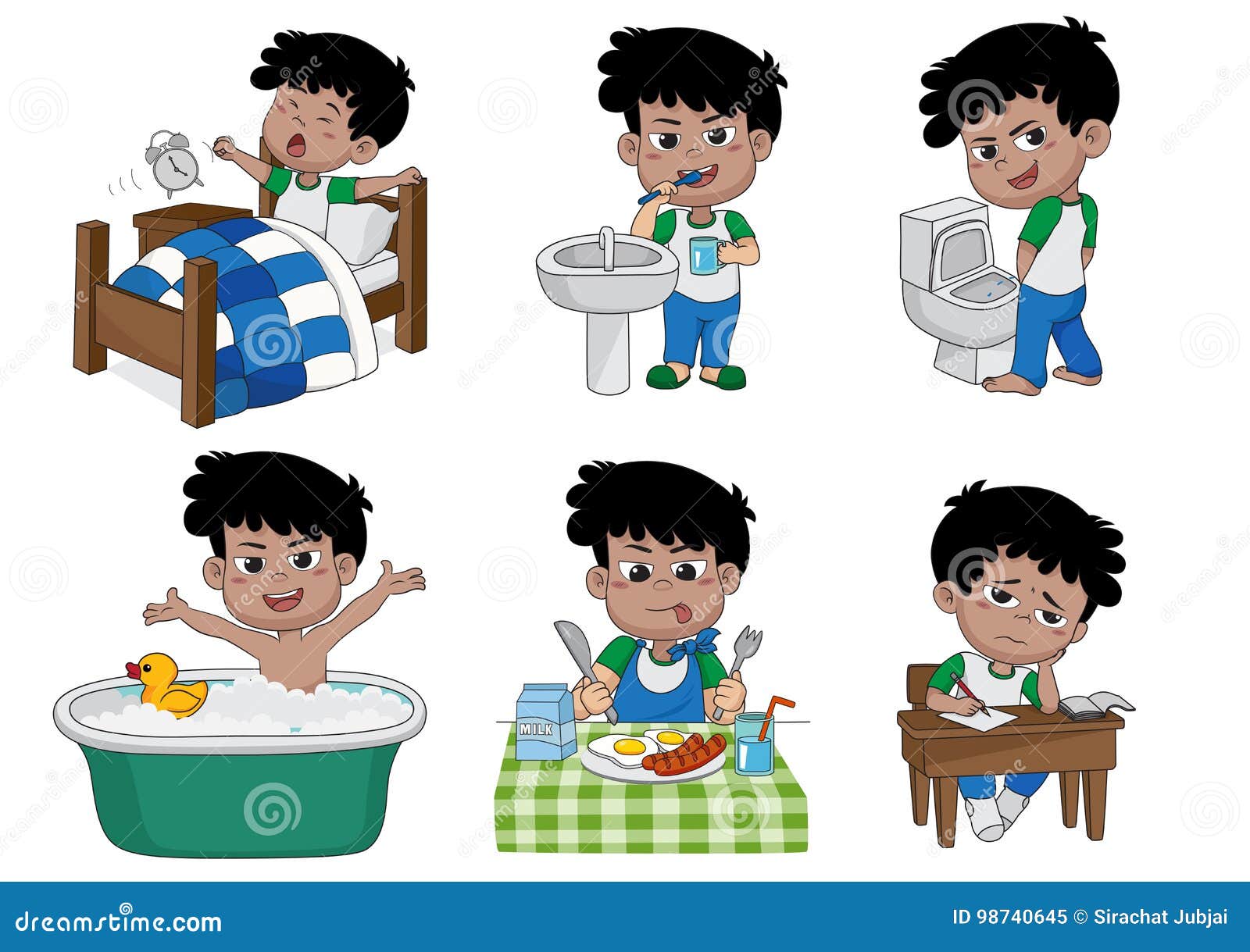 Set Of Daily Cute Boy,boy Wake Up,brushing Teeth,kid Pee,taking Cartoon ...