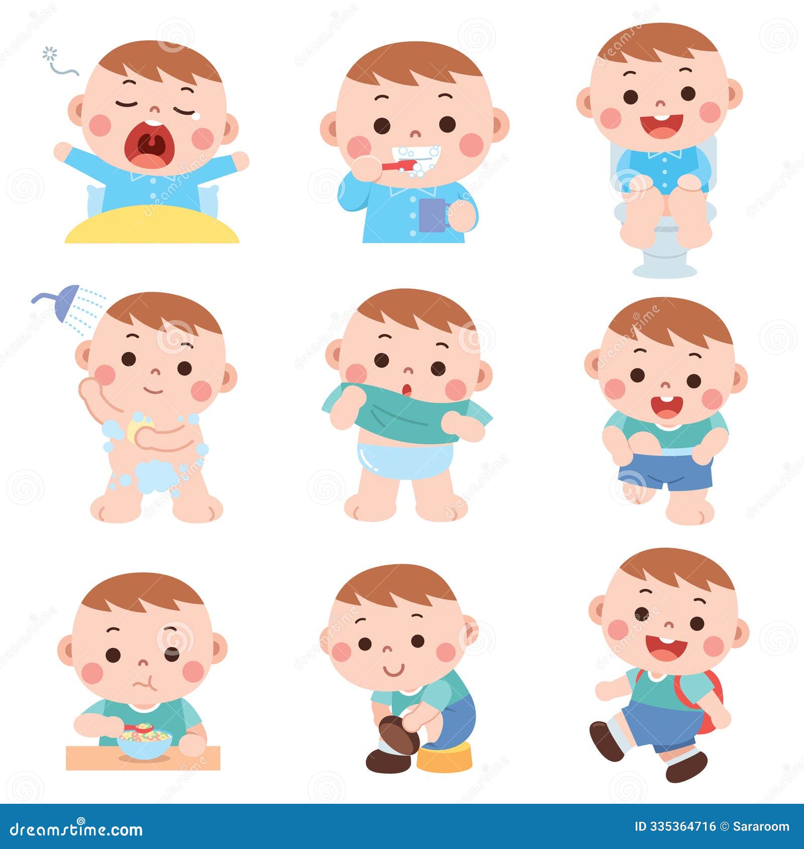 Set of daily cute boy stock illustration. Illustration of face - 335364716