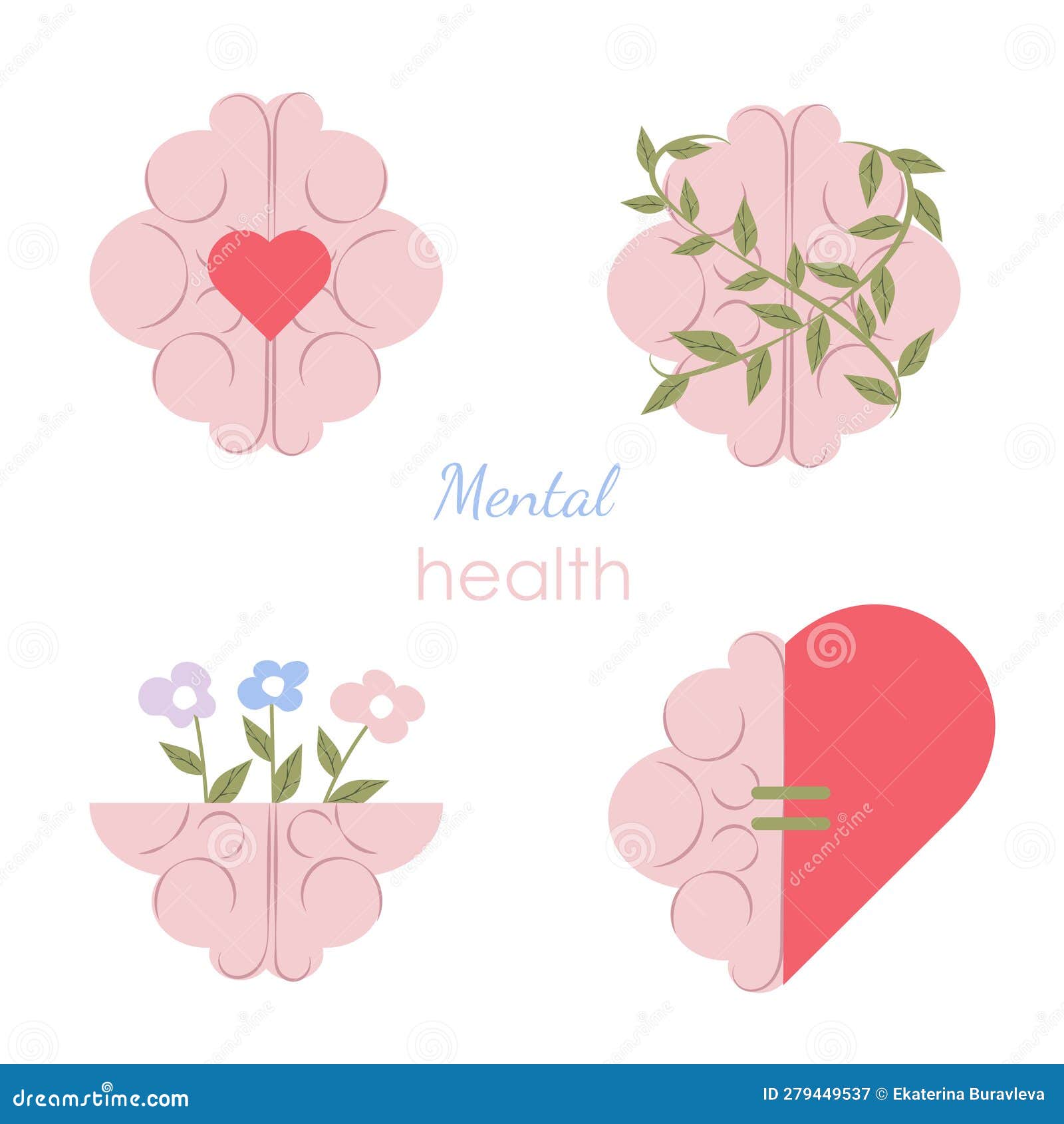 Set with a Cute Brain, Different Characters, with the Inscription Peace ...