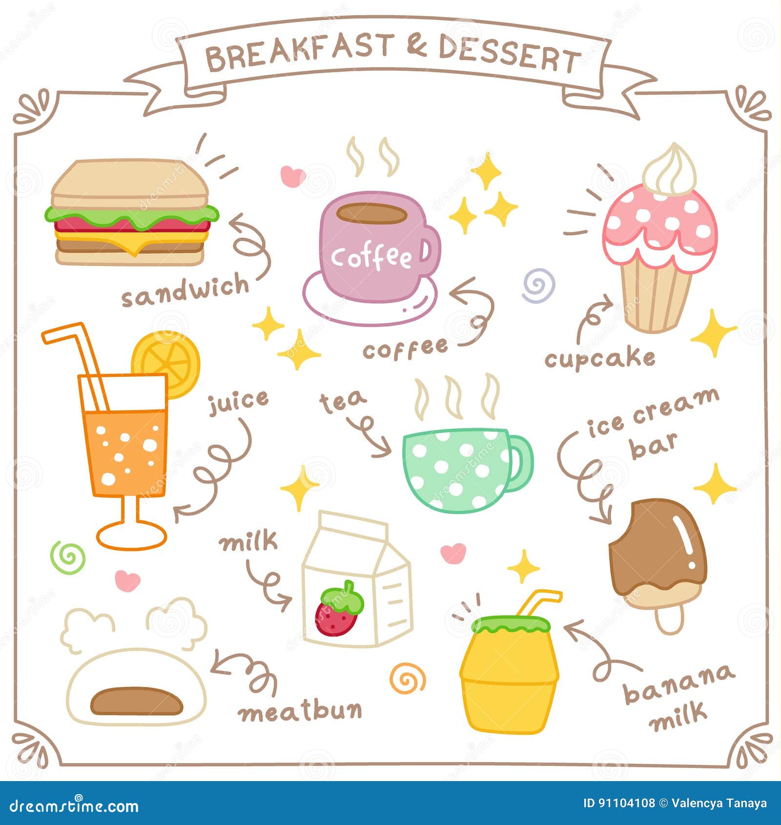 Set of Cute Breakfast and Dessert Doodle Stock Vector - Illustration of ...