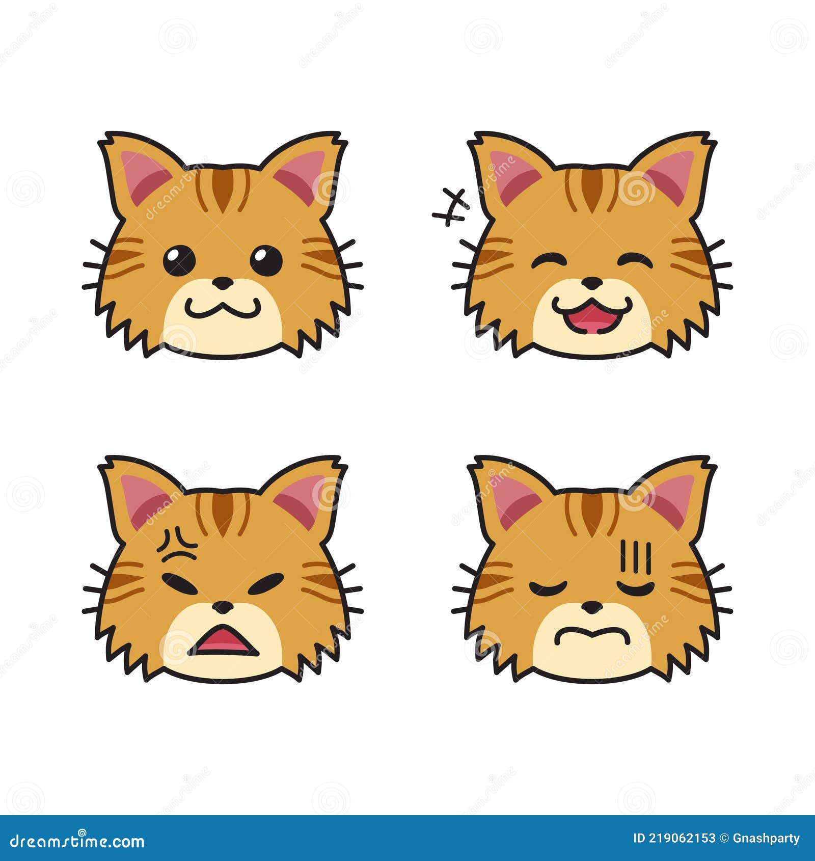 Set Of Cute Brown Cat Faces Showing Different Emotions Stock Vector