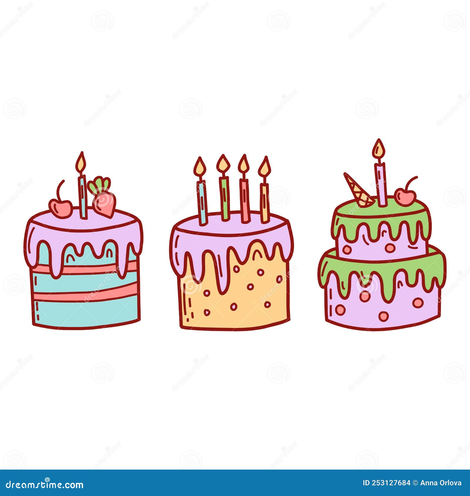 Set of Cute Cakes. Flat Vector Illustration Stock Vector - Illustration ...