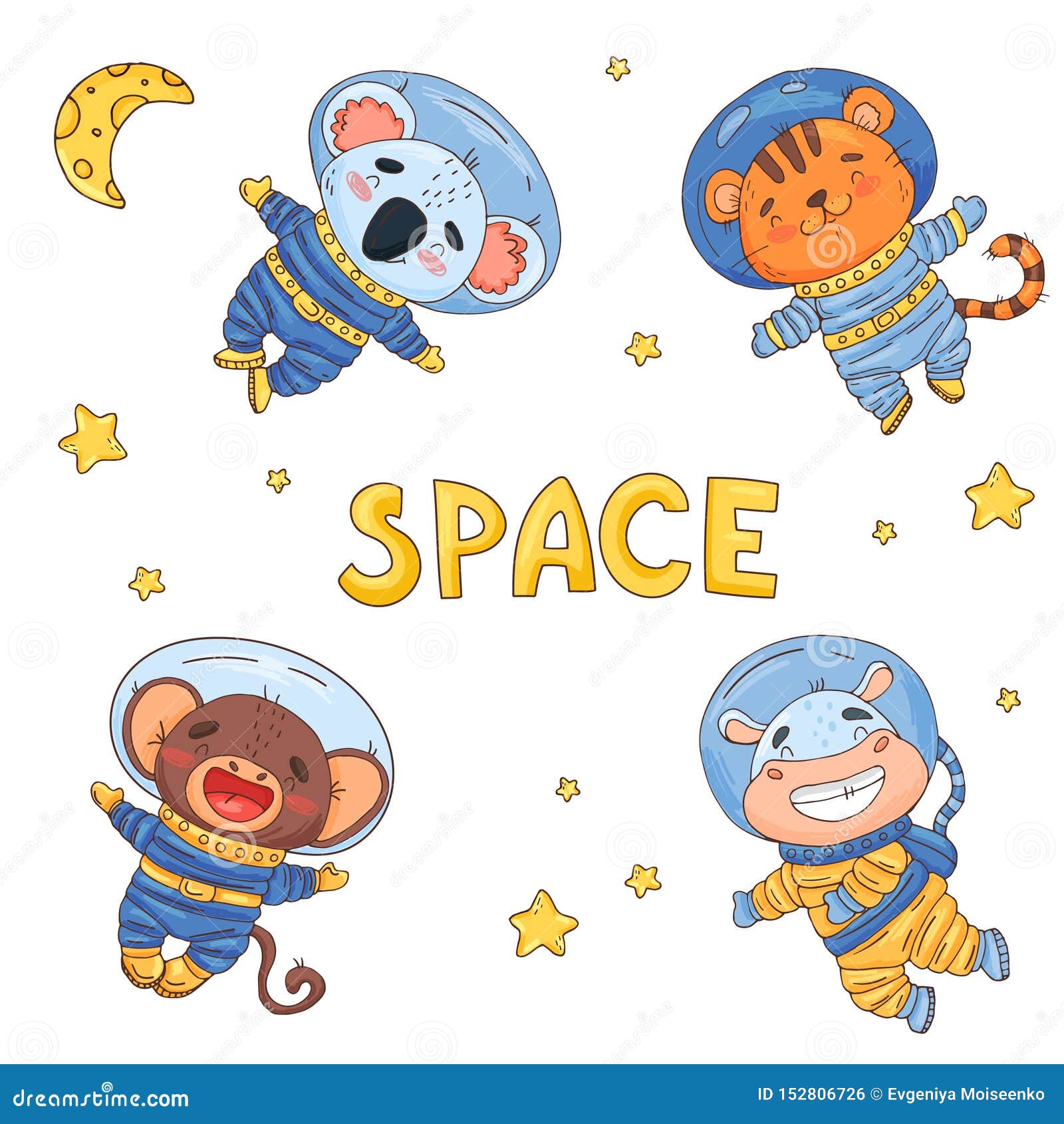 Set of Cute Cartoon Animals Astronaut in Space Stock Illustration ...