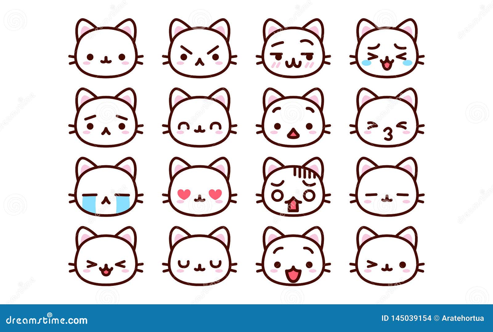 Set of Cute Cartoon Cat Icons Isolated Stock Vector - Illustration of ...