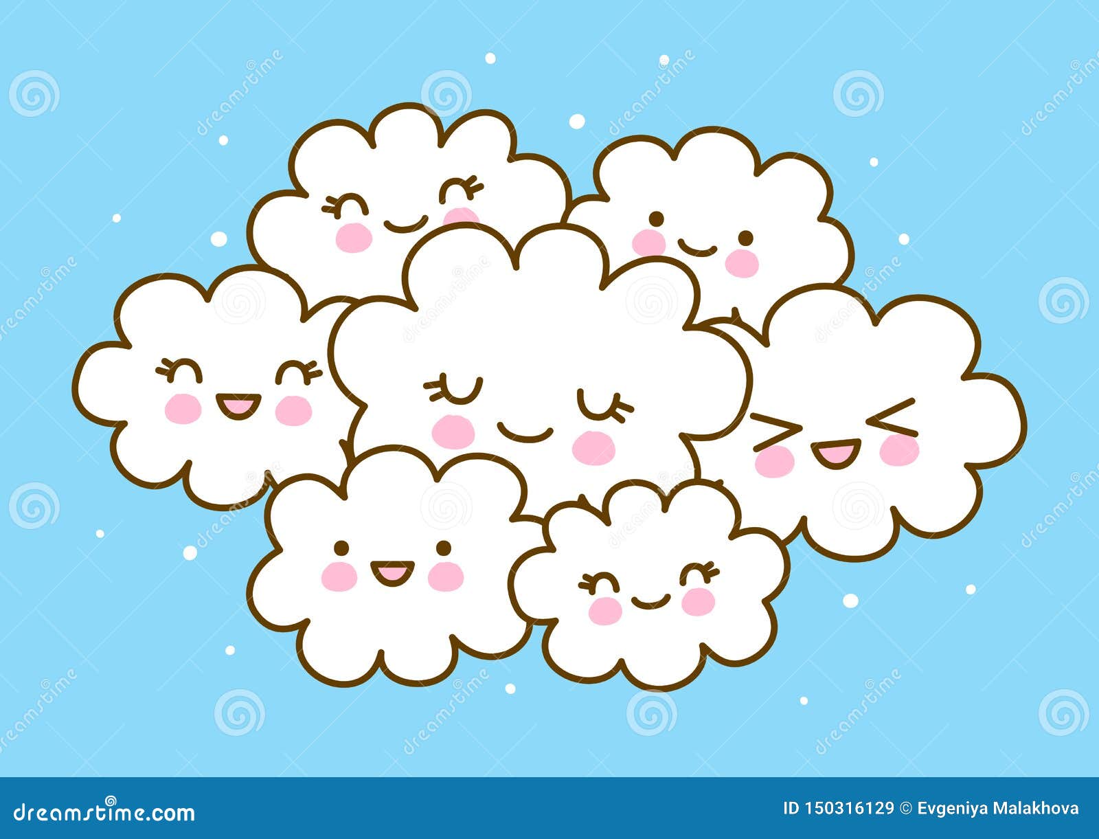 Set of Cute Cartoon Clouds on Blue Sky Background Stock Vector ...