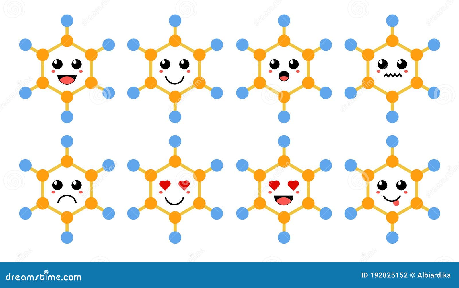 Set of Cute Cartoon Colorful Structure Molecule with Different Emotions ...