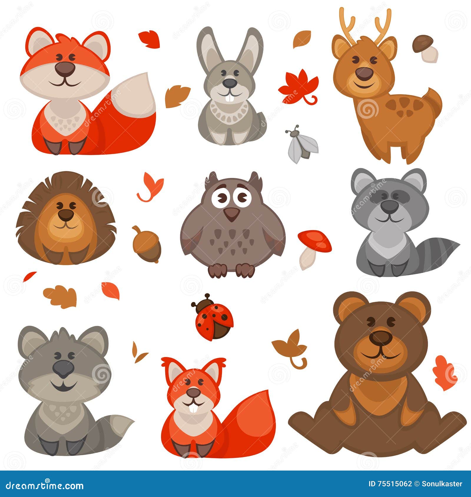 Set of Cute Cartoon Forest Animals. Stock Vector - Illustration of deer ...