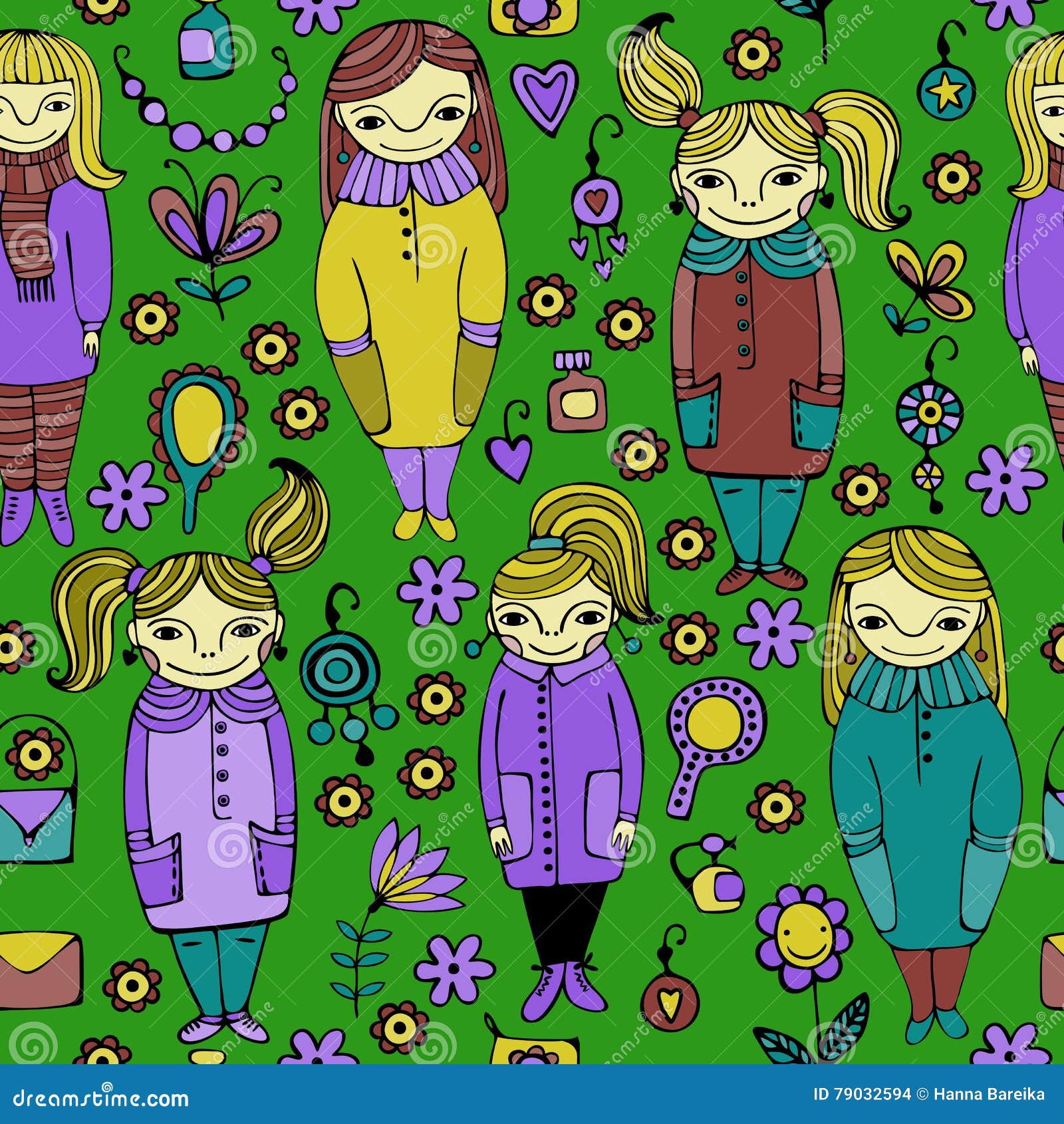 Set of Cute Cartoon Girls. Colorful Vector Seamless Pattern. Stock ...