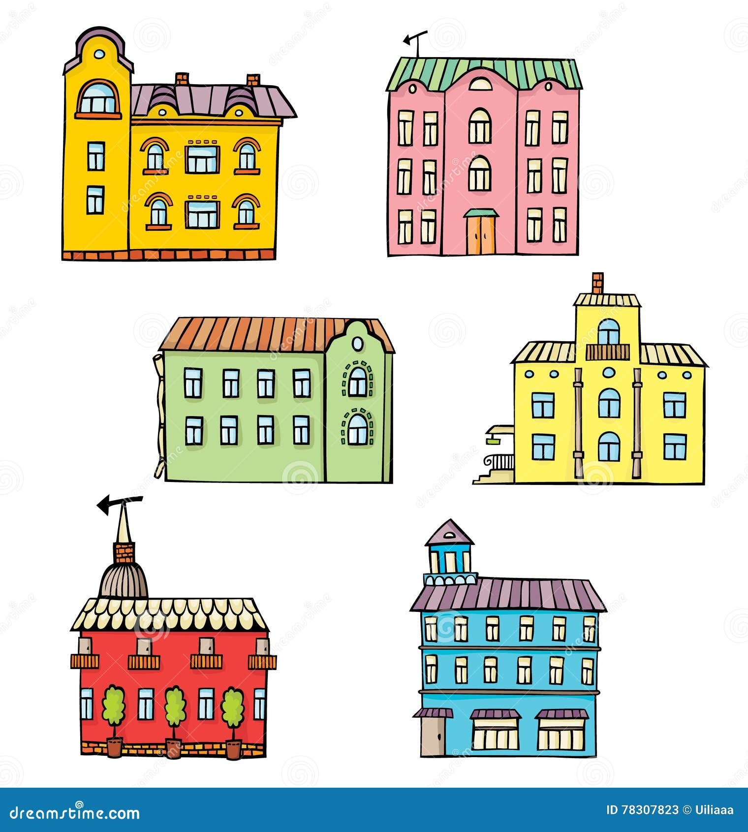 Set of Cute Cartoon Graphic Buildings I Stock Illustration ...