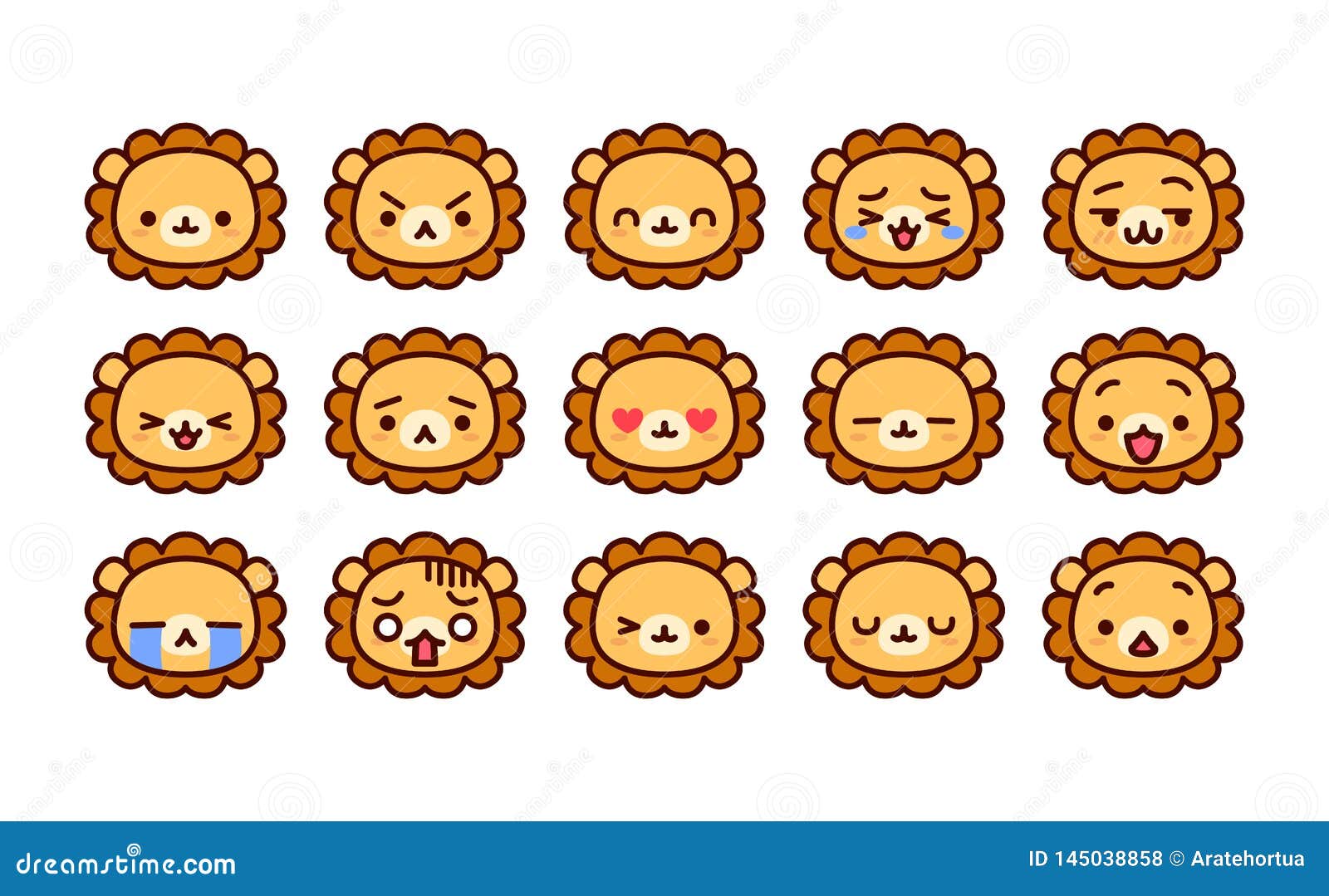 Set of Cute Cartoon Lion Icons Isolated Stock Vector - Illustration of ...