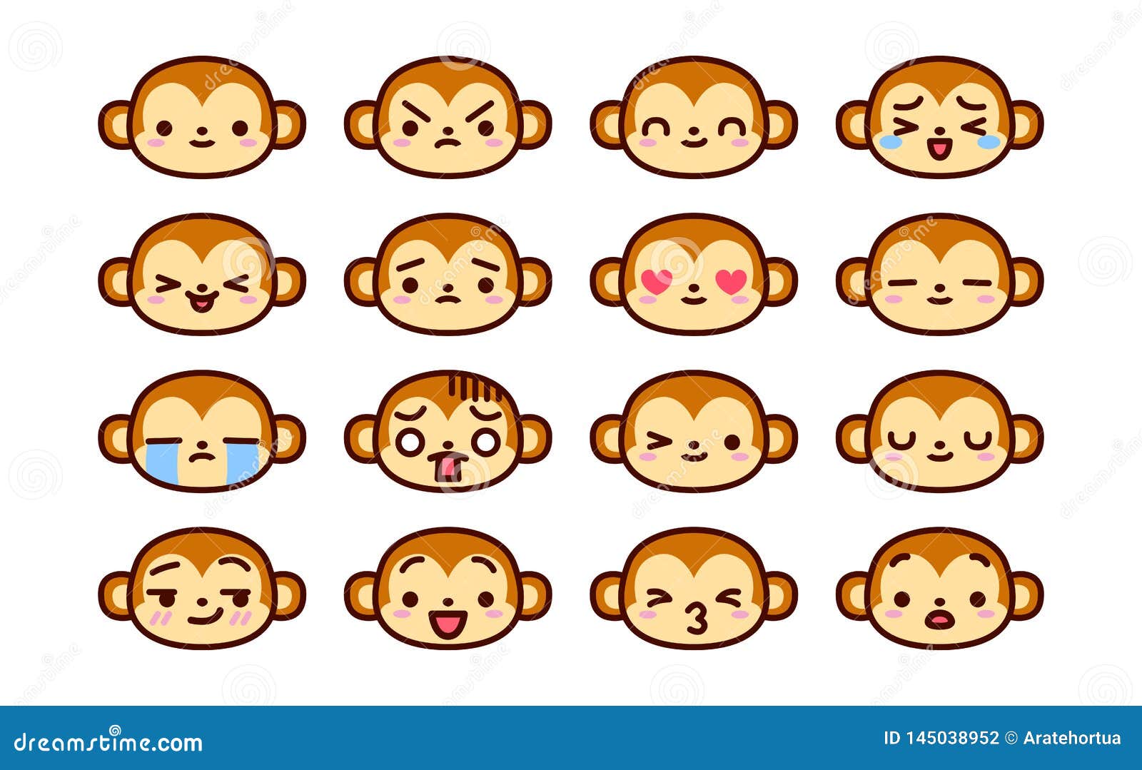 Set of Cute Cartoon Monkey Icons Isolated Stock Vector - Illustration ...