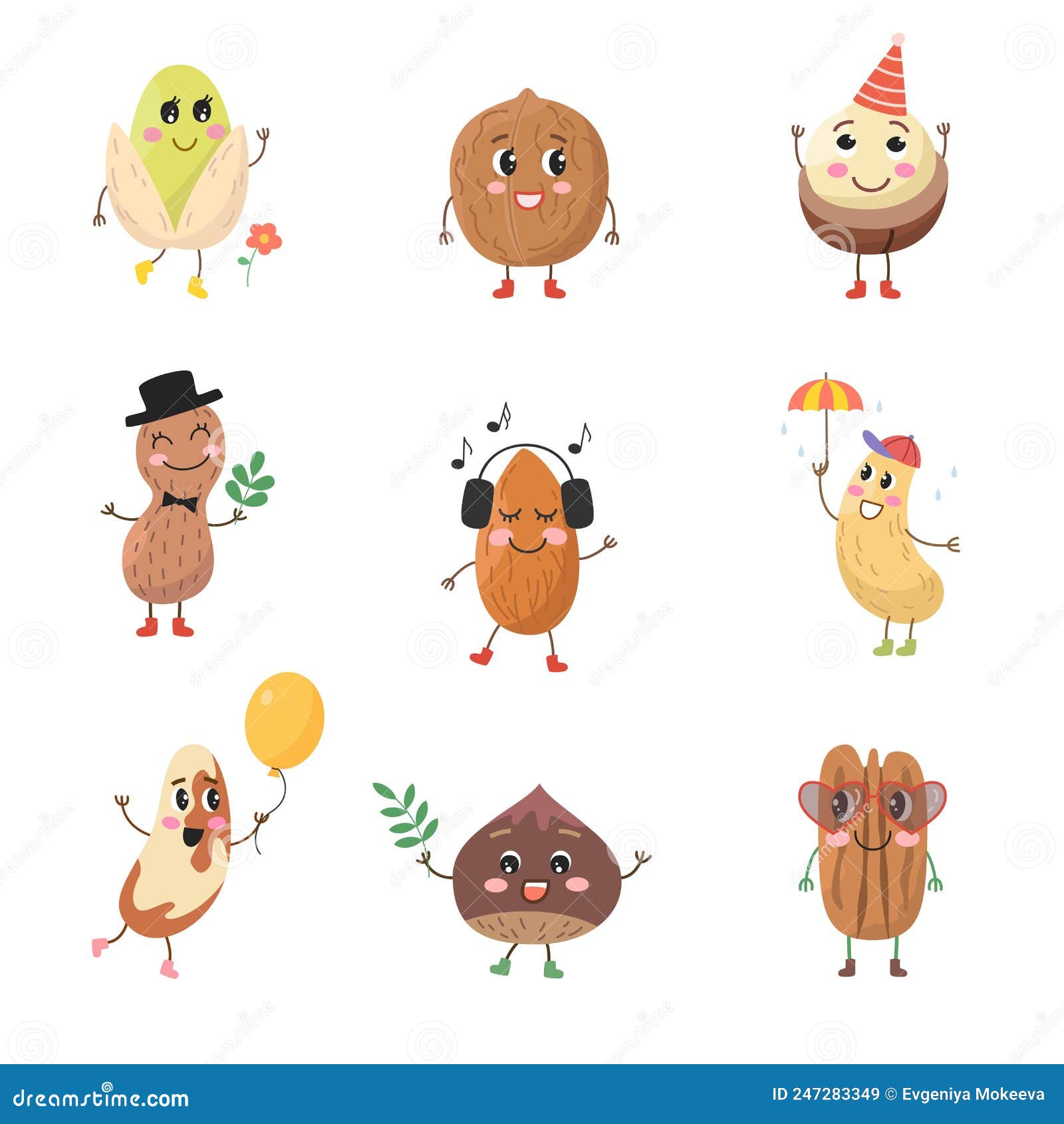 Set of Cute Cartoon Nuts on White Background Stock Illustration ...