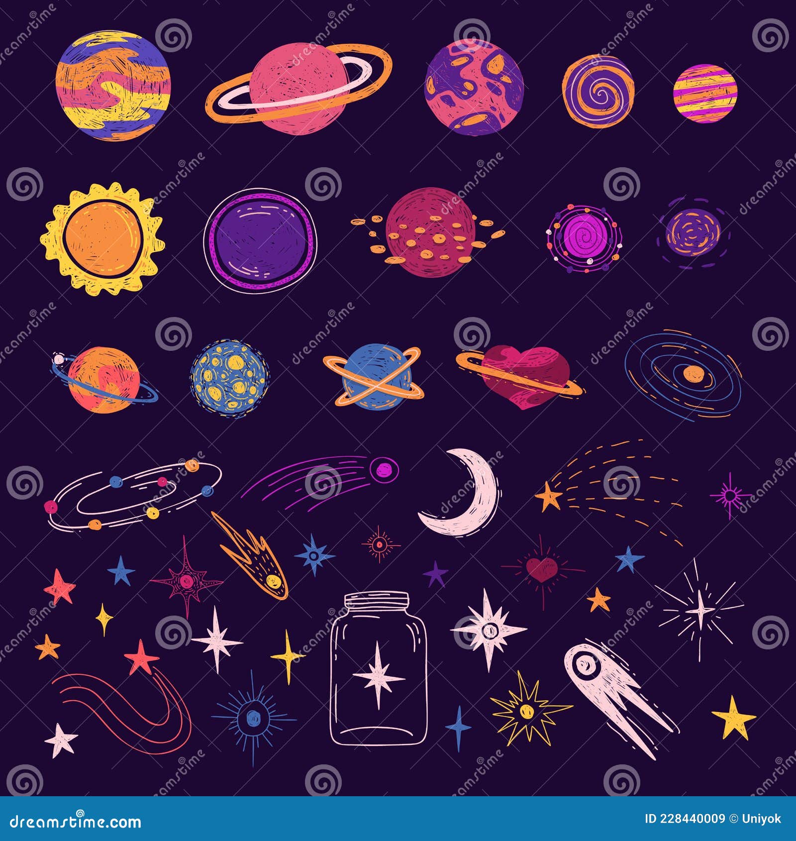 Set Of Cute Cartoon Planets Space Bodies Stars Print Design With