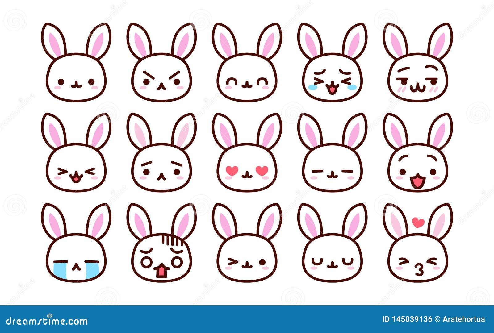Set of Cute Cartoon Rabbit Icons Isolated Stock Vector - Illustration ...