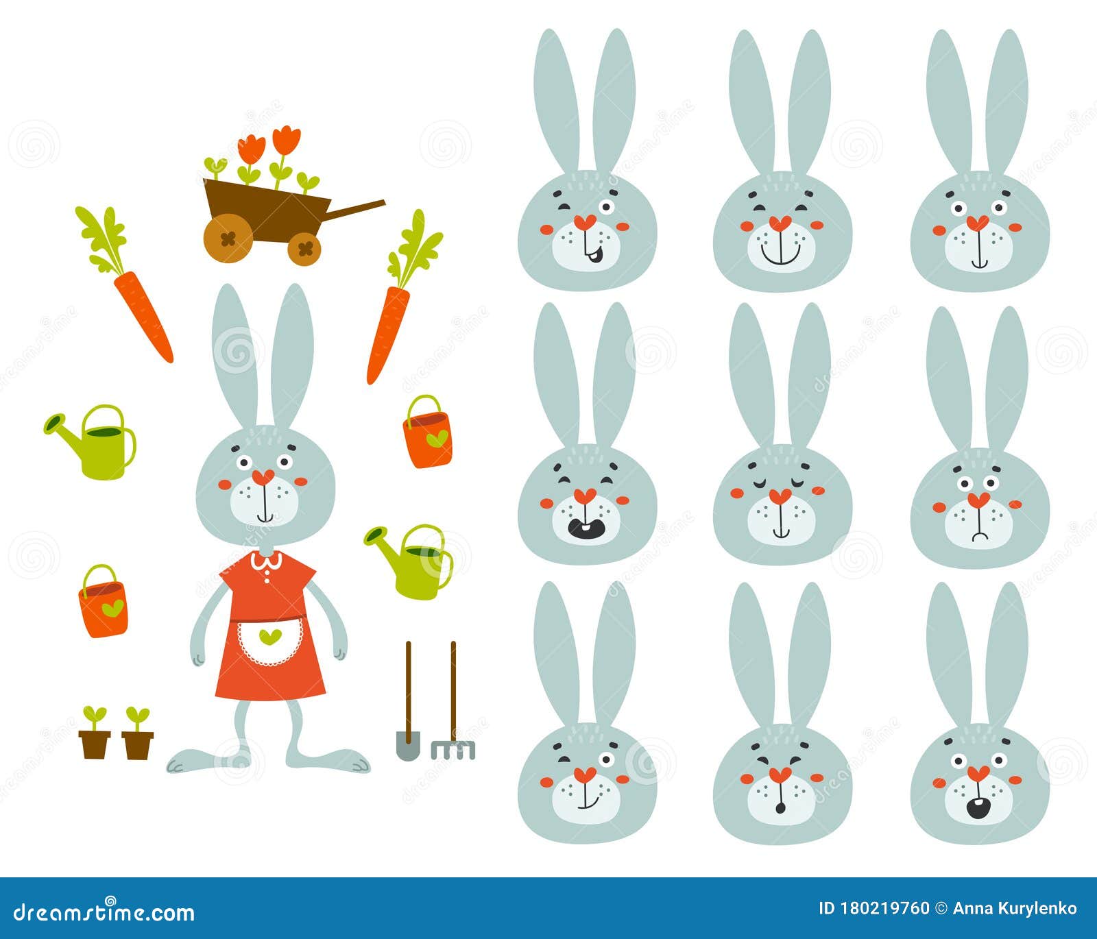 Set of Cute Cartoon Rabbit with Various Emotions. Stock Vector ...