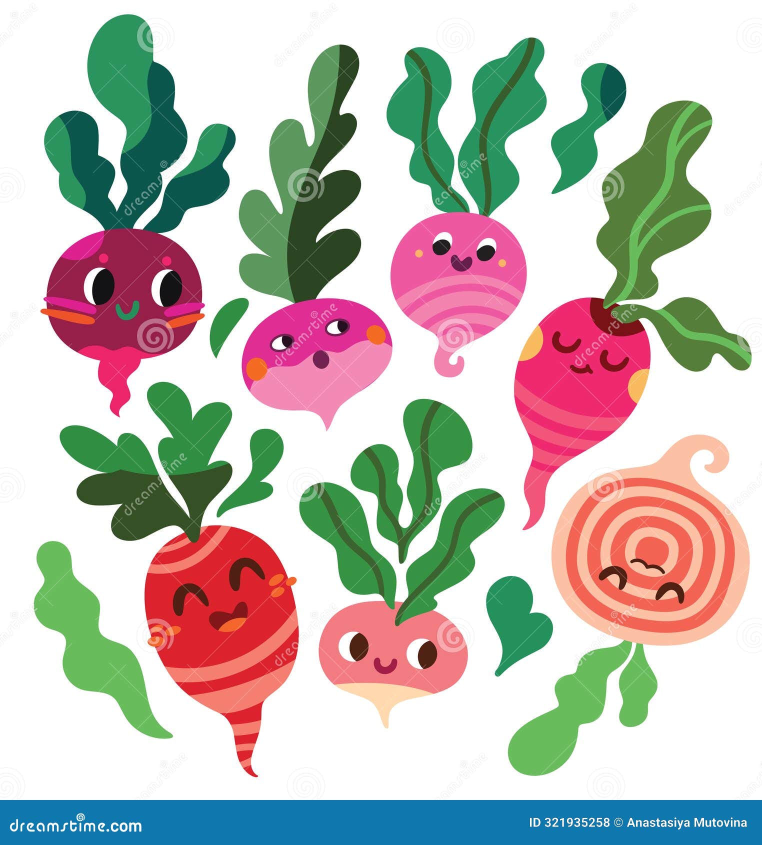 Set of Cute Cartoon Radishes with Different Faces in Vector Stock ...