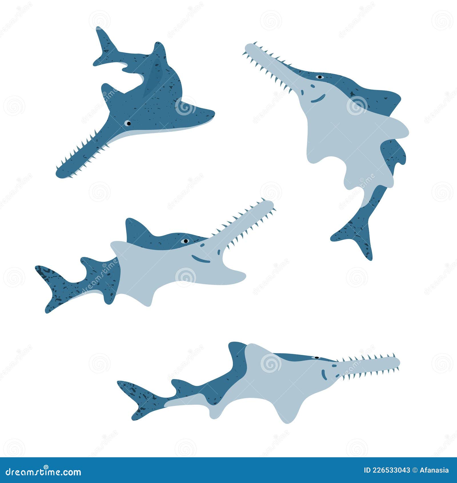 Set Of Cute Cartoon Sawfish. Vector Sea Fish Illustration ...
