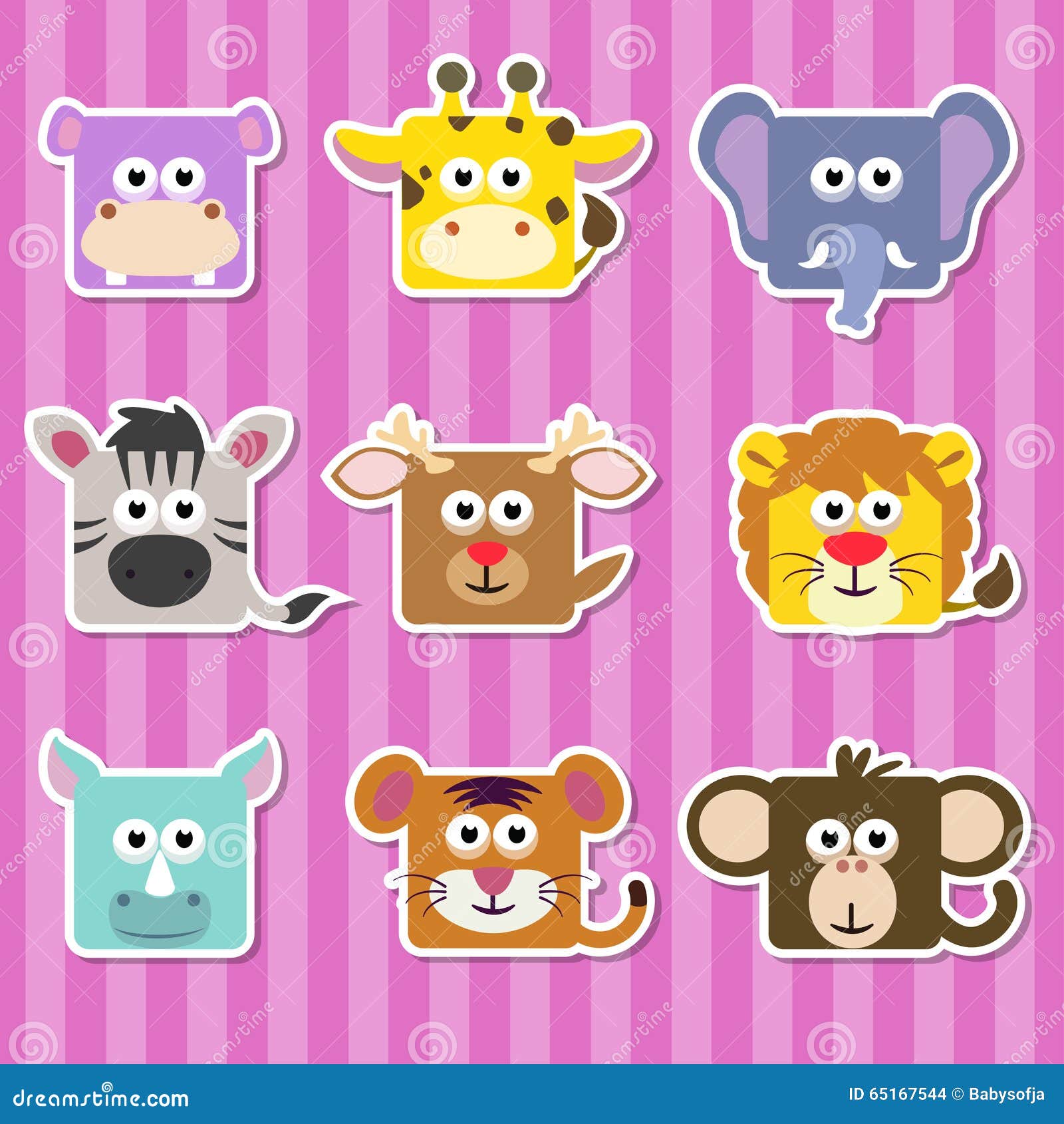 . Set of Cute Cartoon Square Wild Animals Stickers Stock Vector ...
