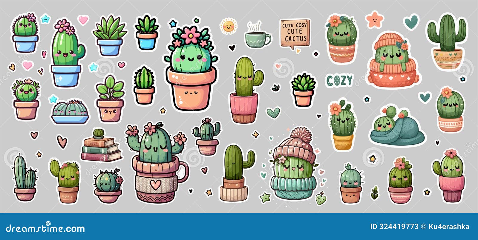 Set of Cute Cartoon Stickers of Cactus with Funny Faces. Stock ...