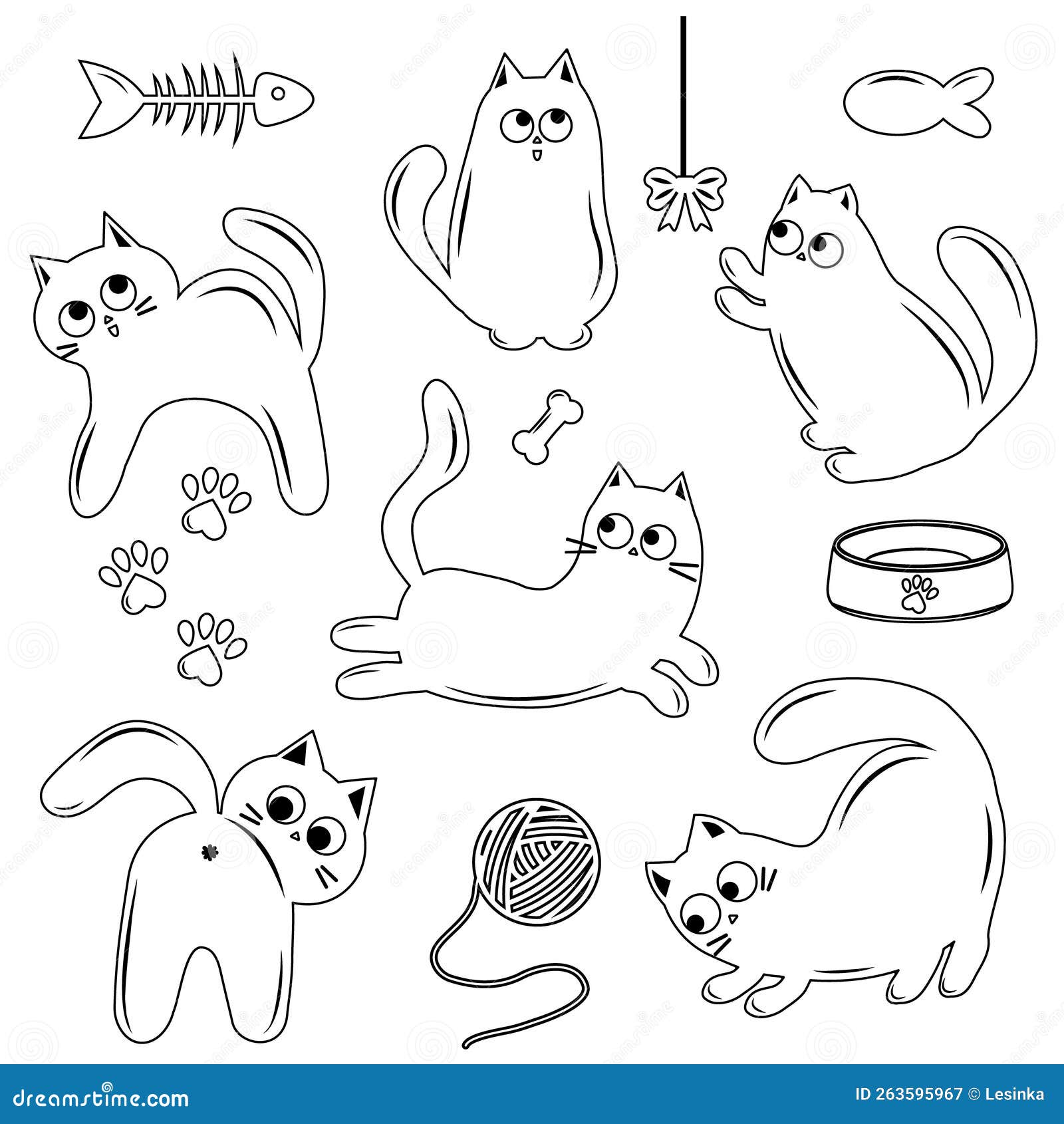 Set of Cute Cat Characters, Black Outline, Doodle Style, Isolated ...