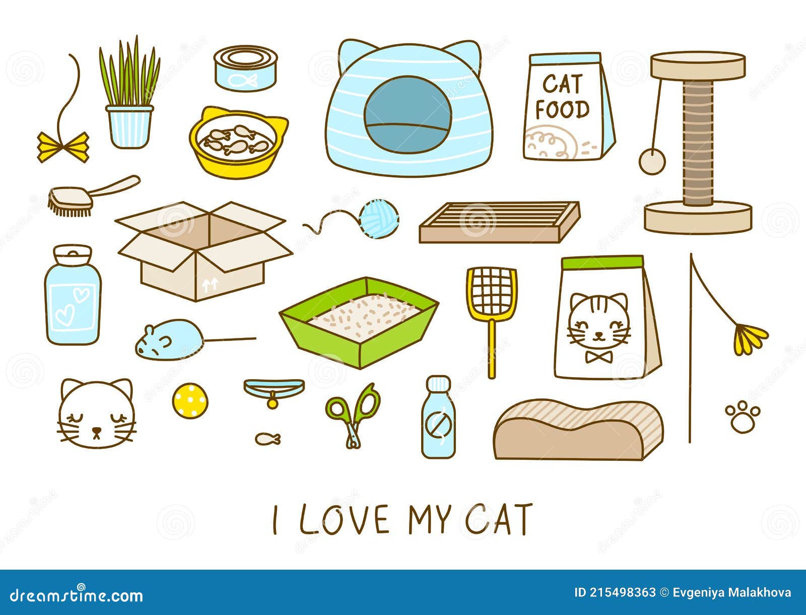 Set of Cute Cat Items Isolated on White - Cartoon Objects for Happy Pet ...